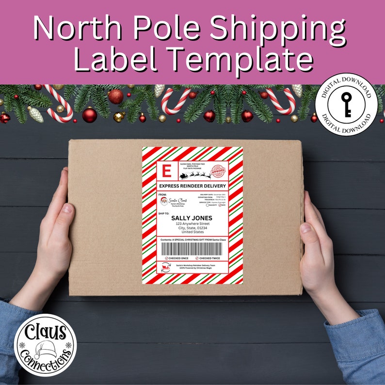 North Pole Shipping Label Canva Template Customizable Santa Mrs. Claus ...