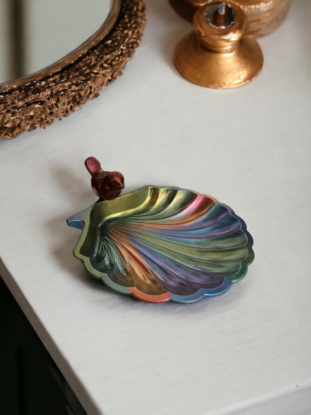 Resin Seashell Trinket Dish: Multi-color Jewelry Holder With Bird - Etsy