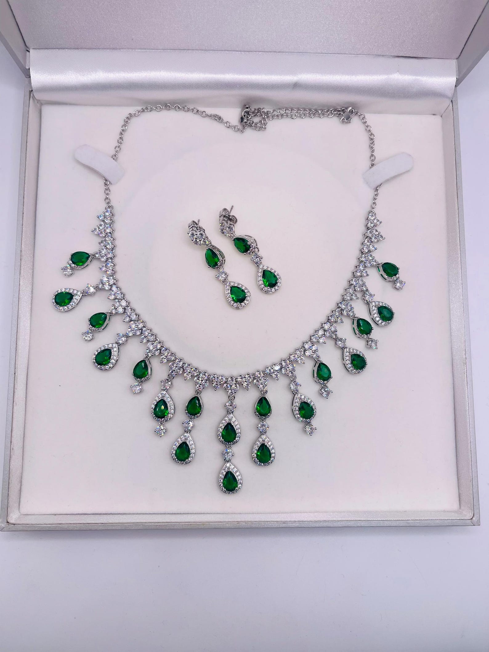 White Gold Finish Emerald Green Waterfall Necklace & Earrings Set ...