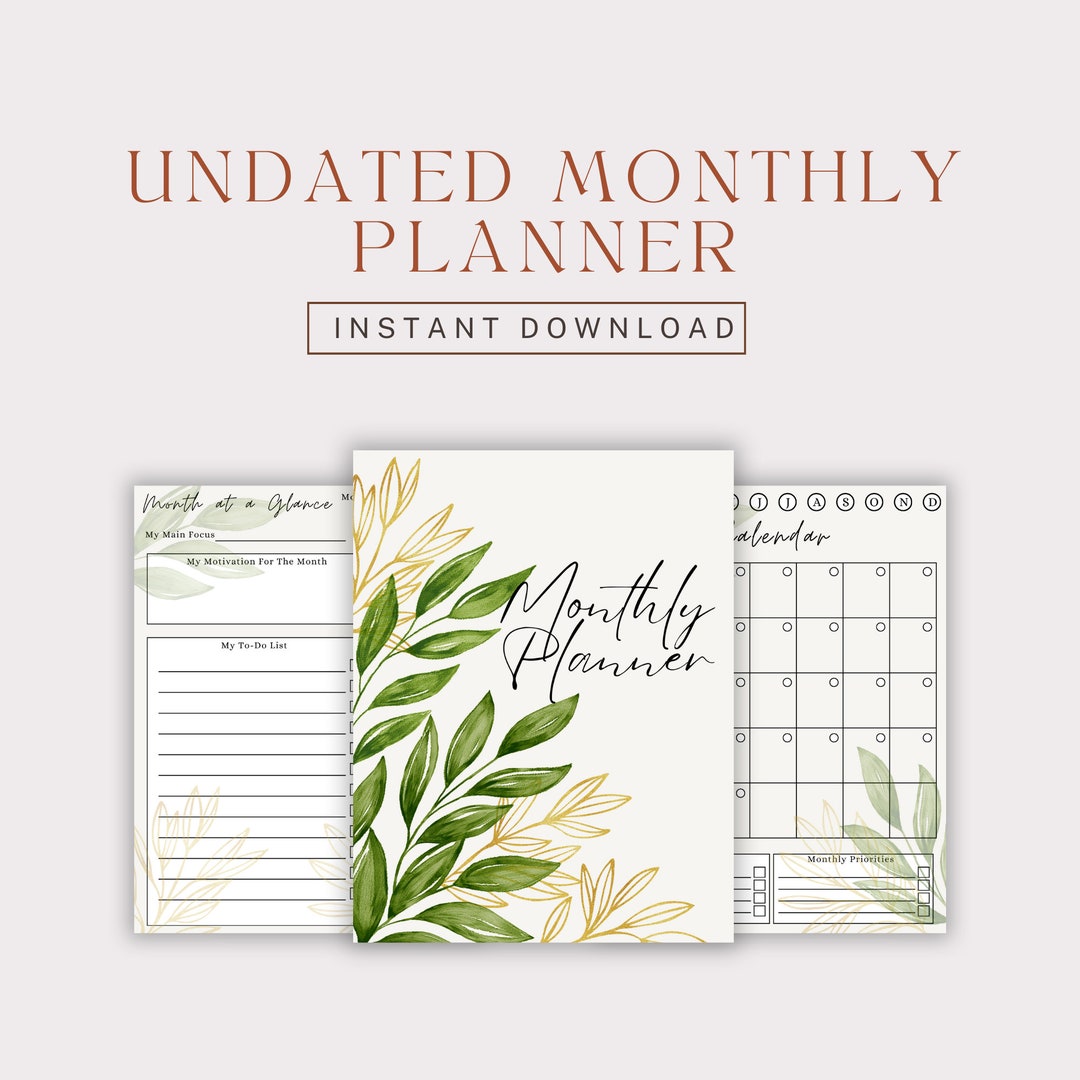 Undated MONTHLY PLANNER Printable, Month at a Glance, Monthly Calendar ...