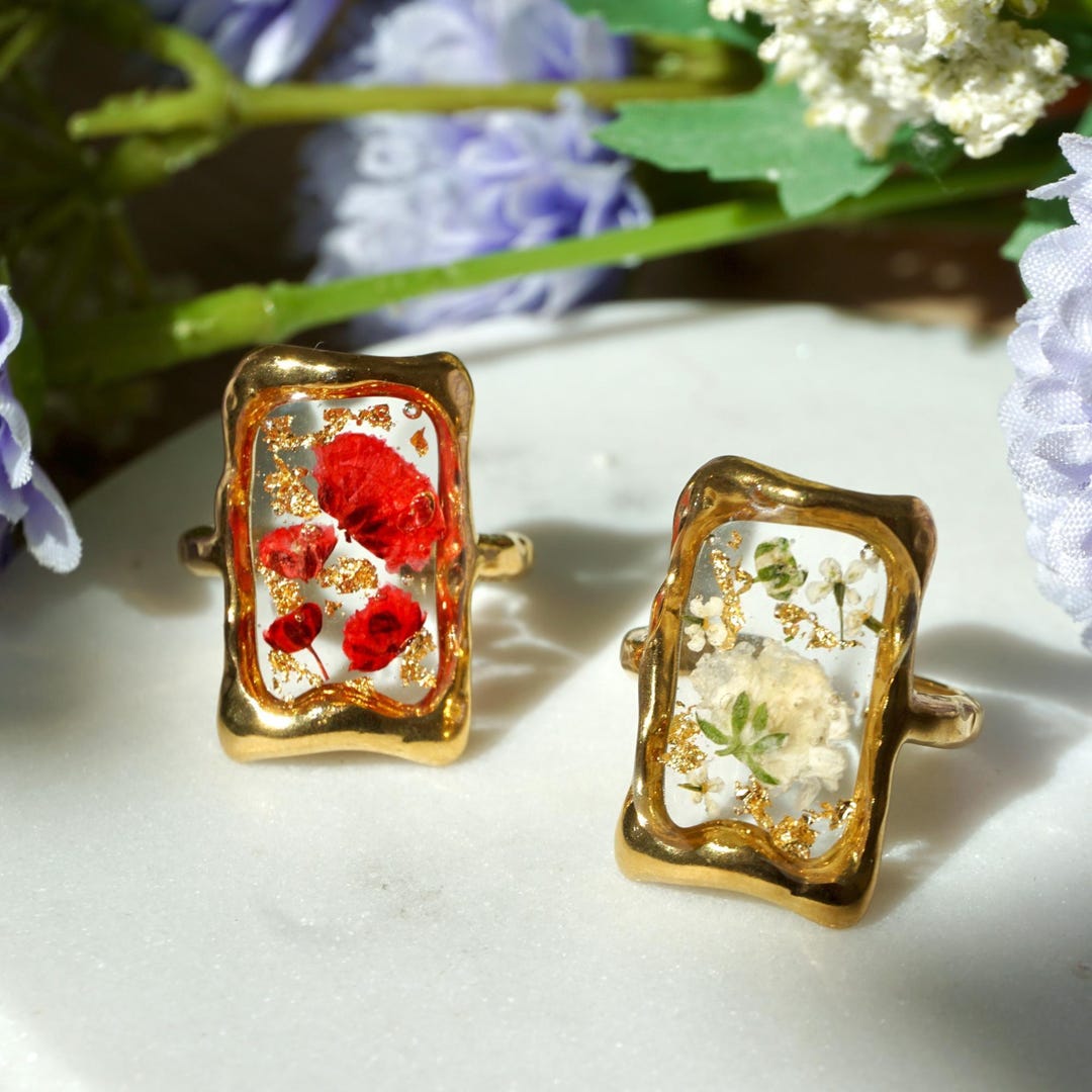 Flora Statement Ring | 18k Gold Plated | Pressed Flower Rings ...