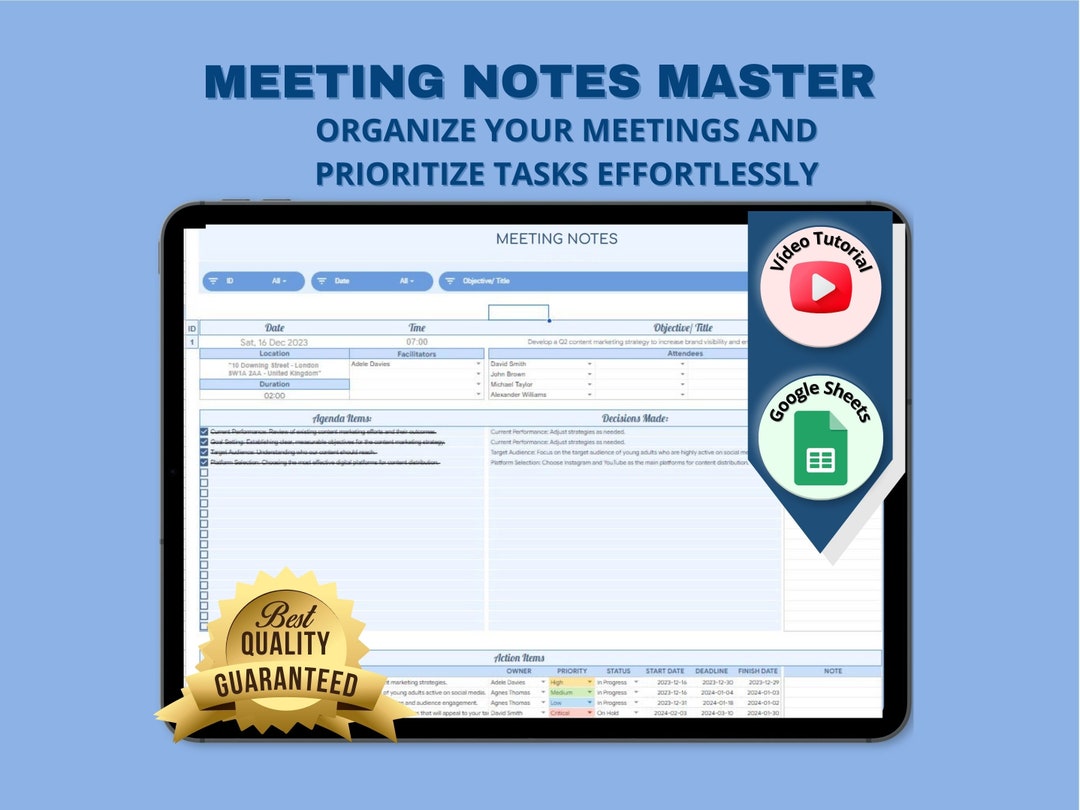 Meeting Notes Template for Google Sheets: Action Item Planner for ...