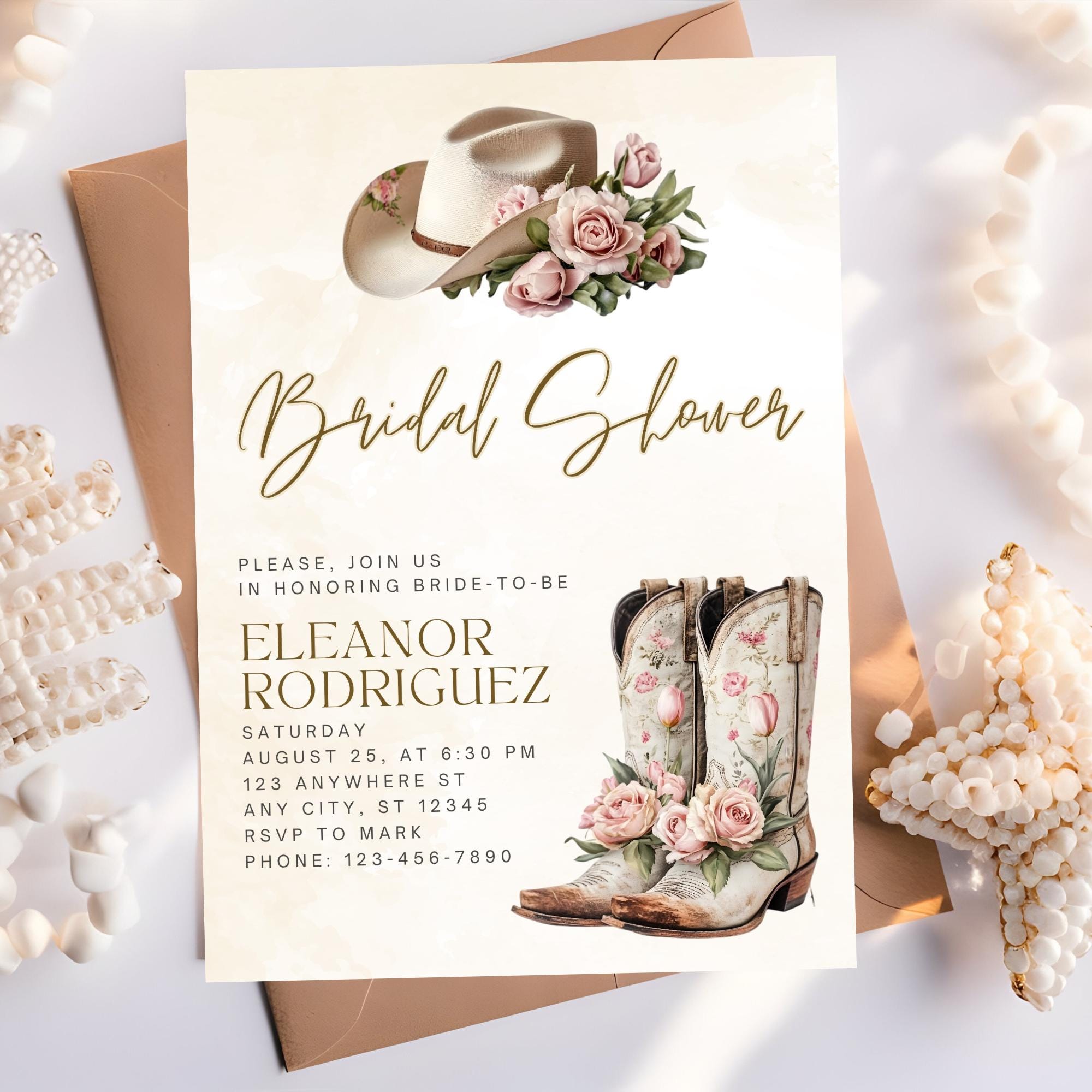 Boho Country Western Bridal Shower Invitation, Cowgirl Boots Bridal ...