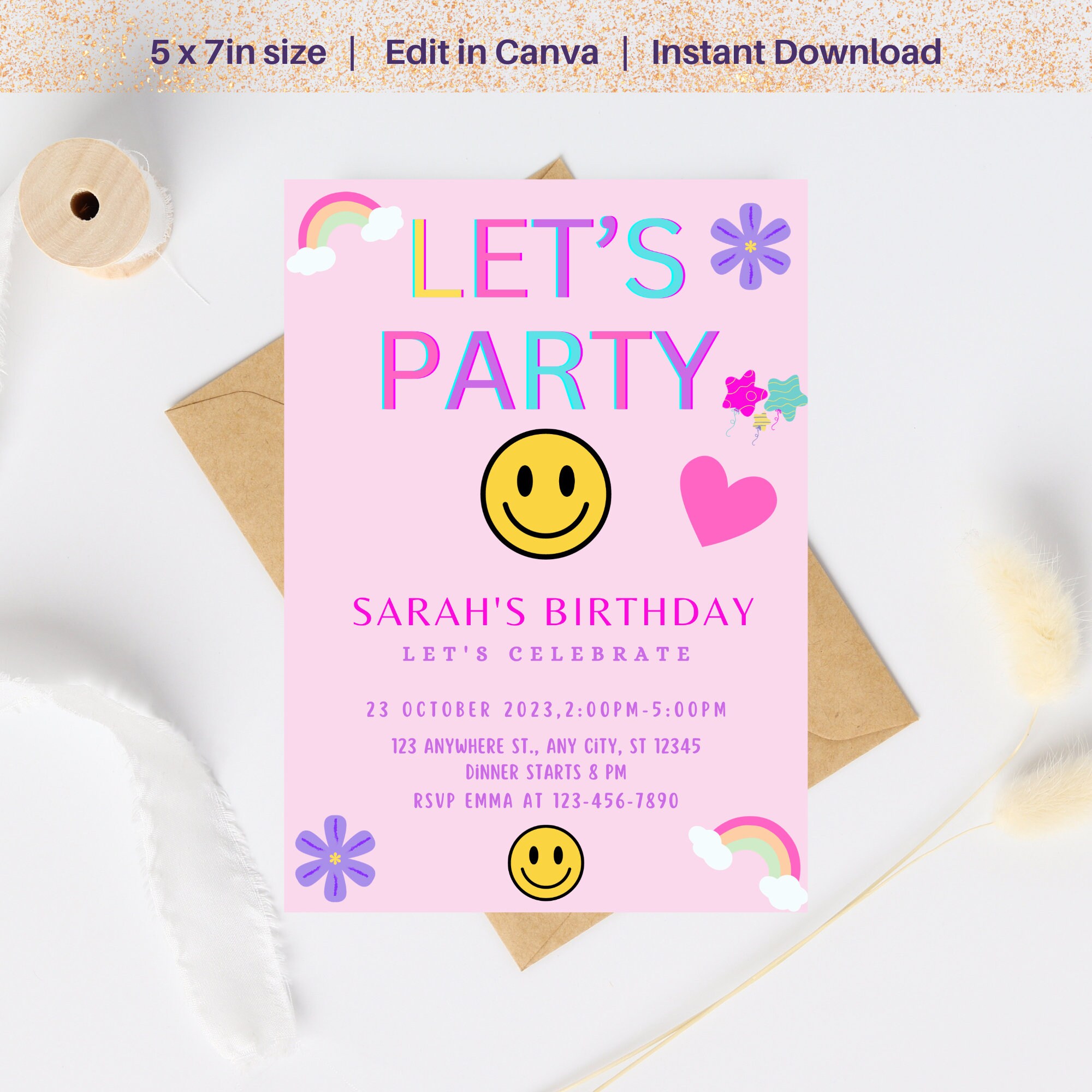 Preppy Let's Celebrate Smile Face Birthday Invitation Template, Patches ...