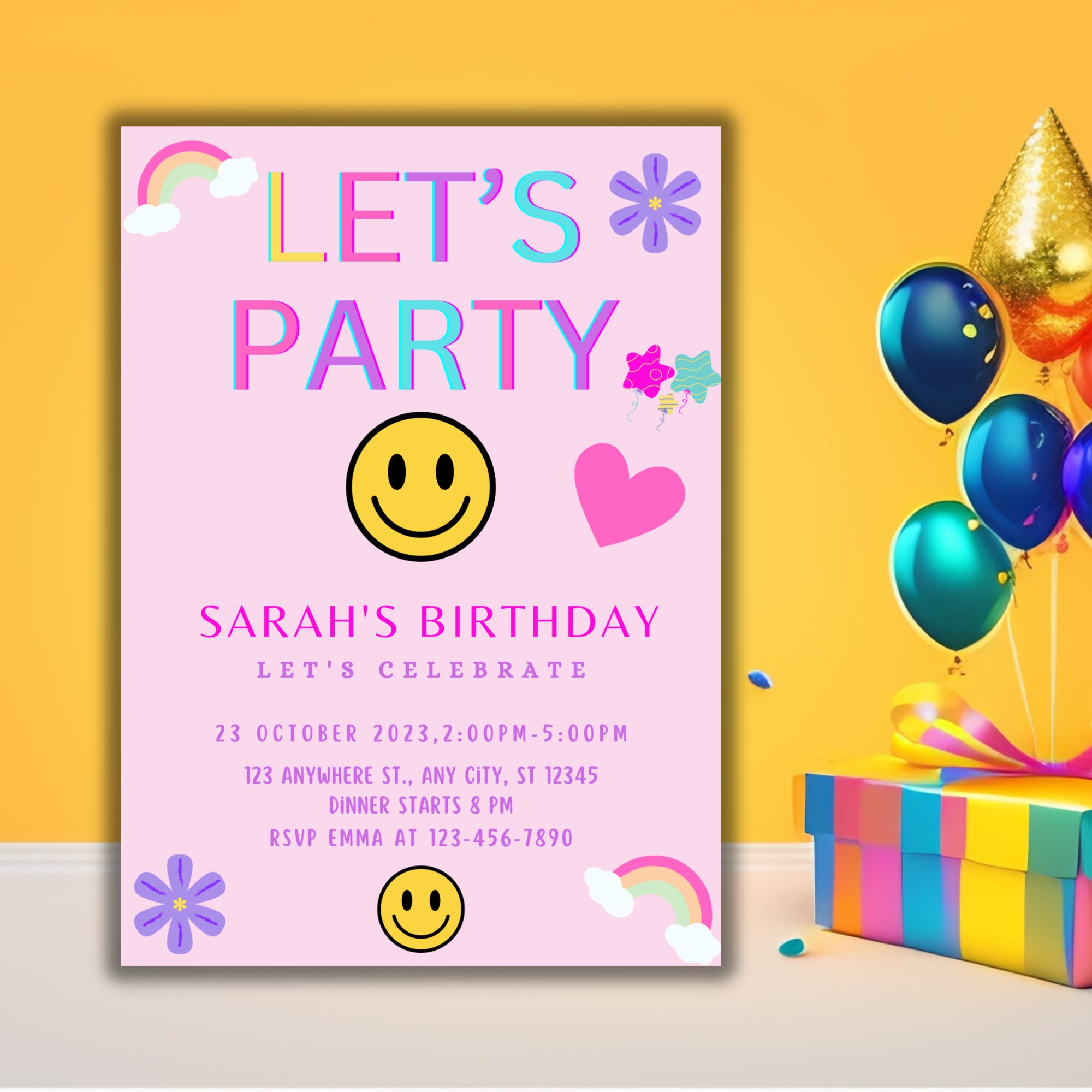 Preppy Let's Celebrate Smile Face Birthday Invitation Template, Patches ...