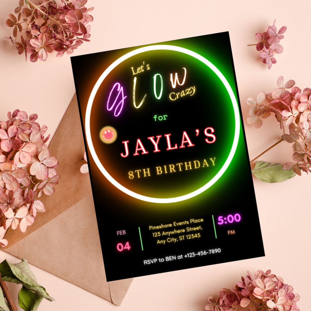 Editable Glow Party Birthday Invitation, Glow Gender Neutral Invites ...