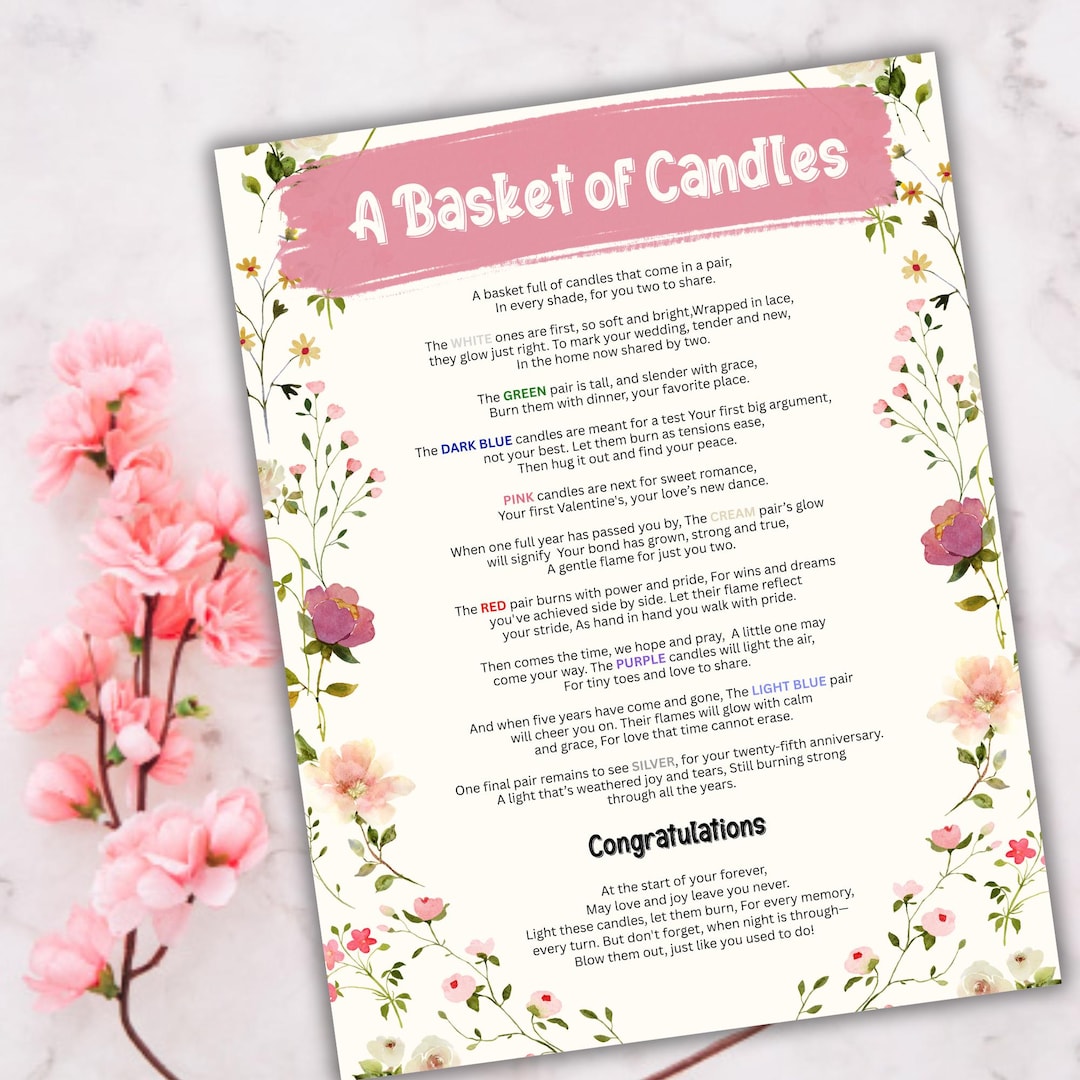 A Basket of Candles Poem | Wedding Gift Poem Printable | Bridal Shower ...