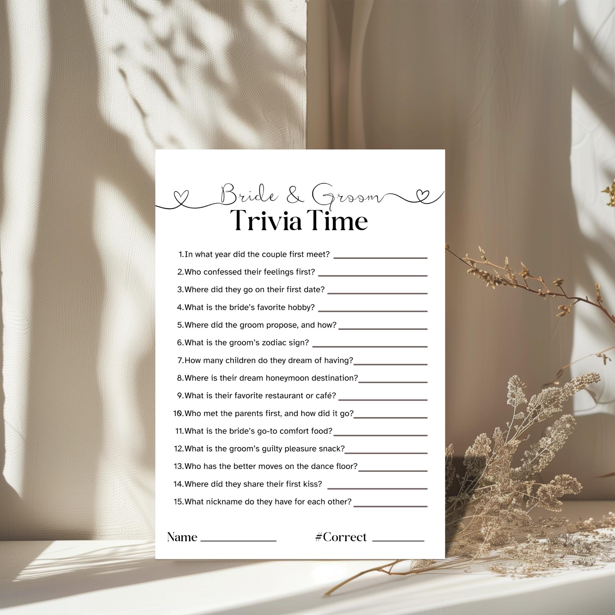 Trivia Game for Bride and Groom, Minimalist Bridal Shower Game, Who ...