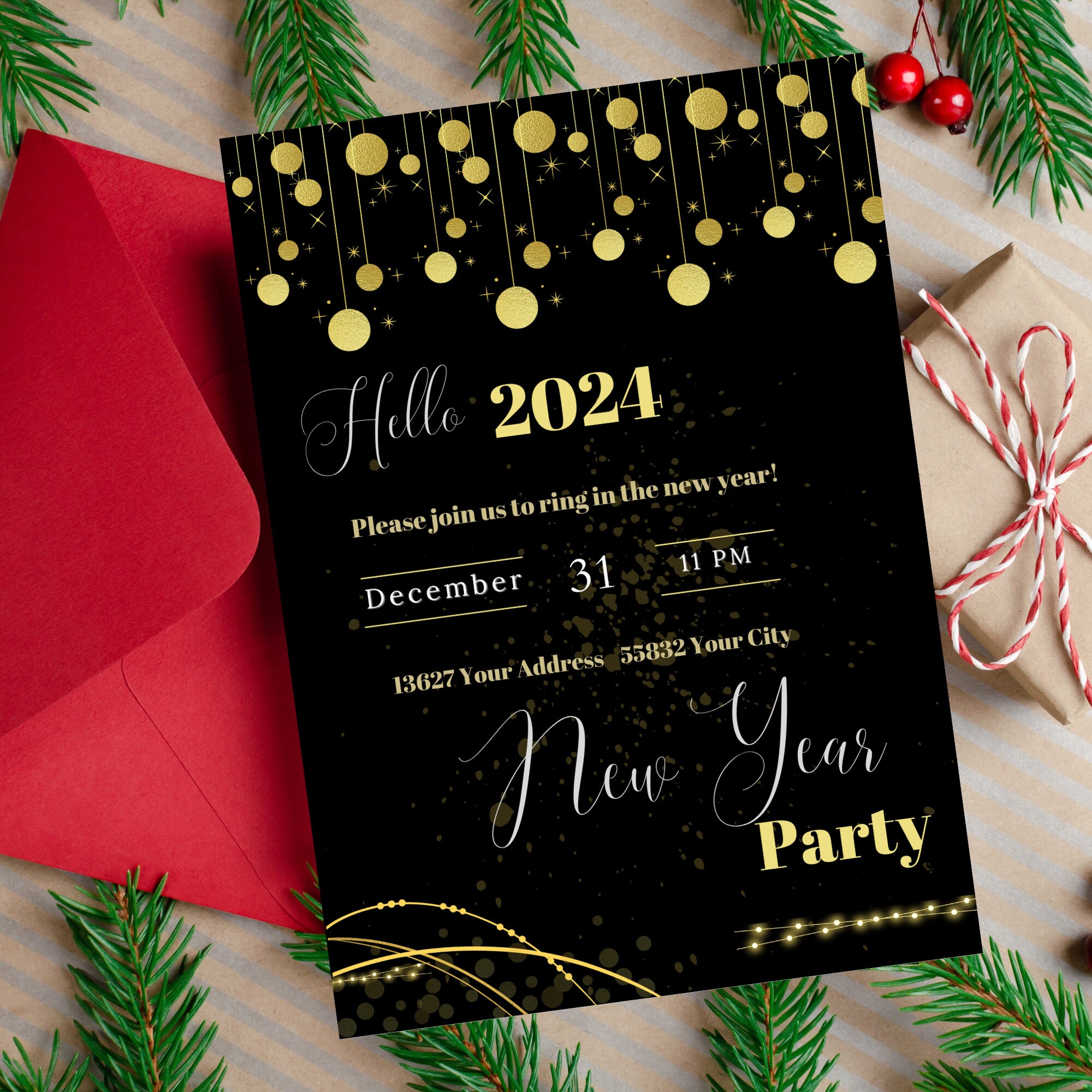 New Year Party Invitation Template, Editable New Year Celebration 2024 ...