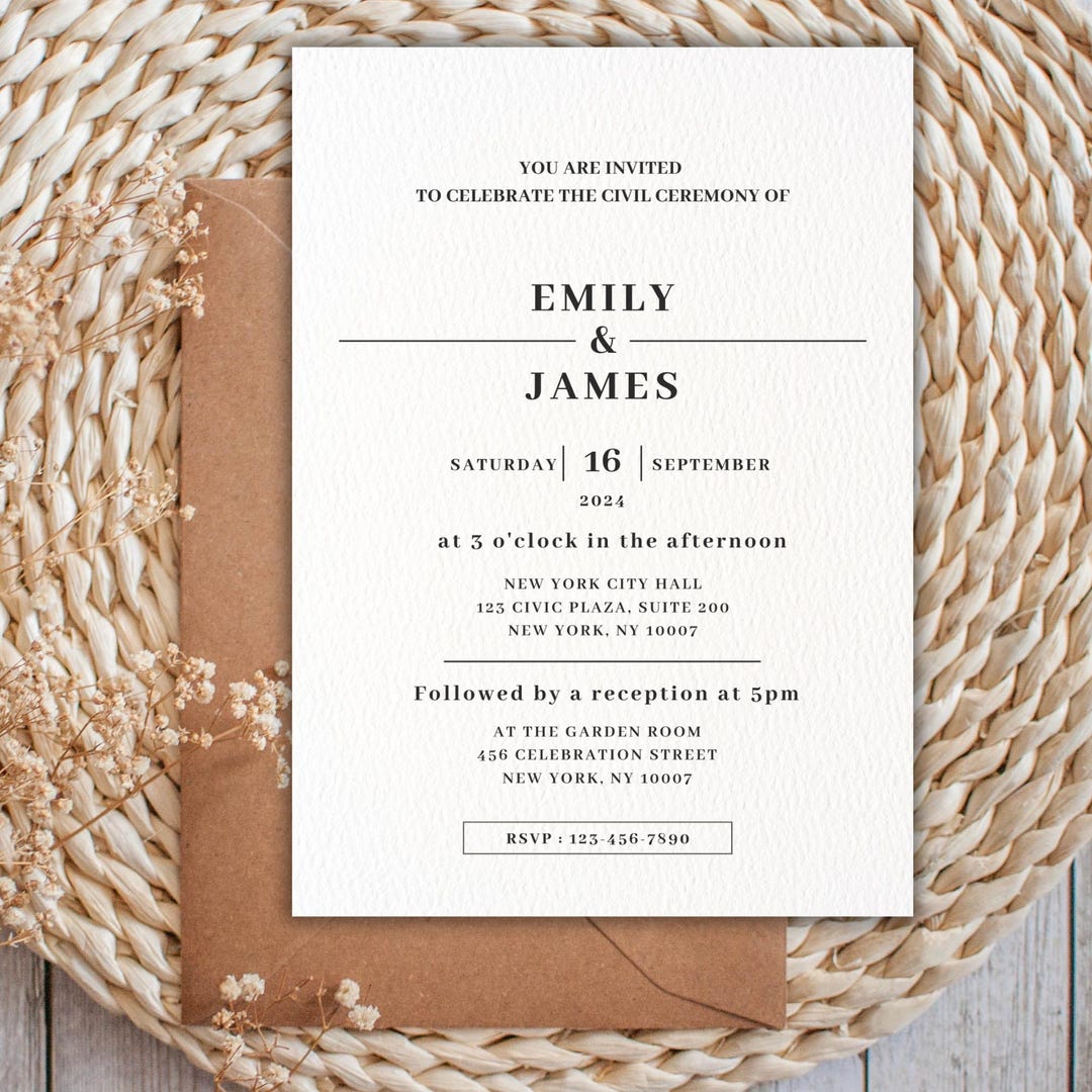Civil Wedding Invitation Template, Minimalist Modern City Hall Wedding ...