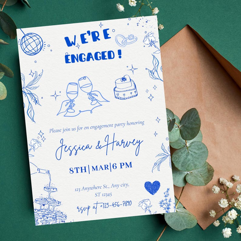 Hand Drawn Engagement Party Invitation Template Scribble Illustration ...
