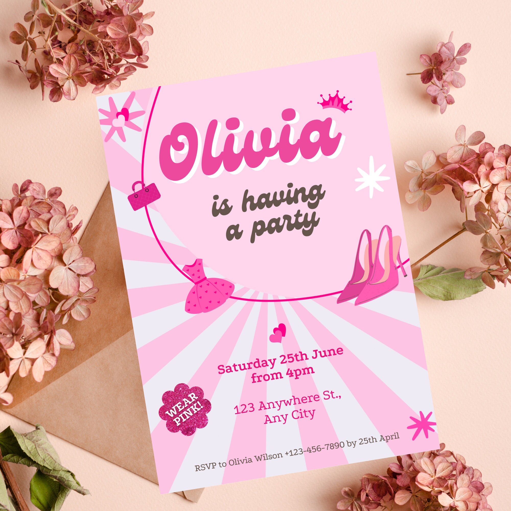 Pink Sparkle Birthday Invitation, Doll Invitation Template, Princess ...