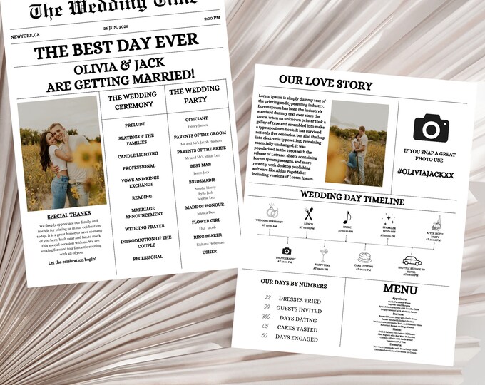 Editable Wedding Newspaper Program, Newsletter Canva Template, Wedding ...