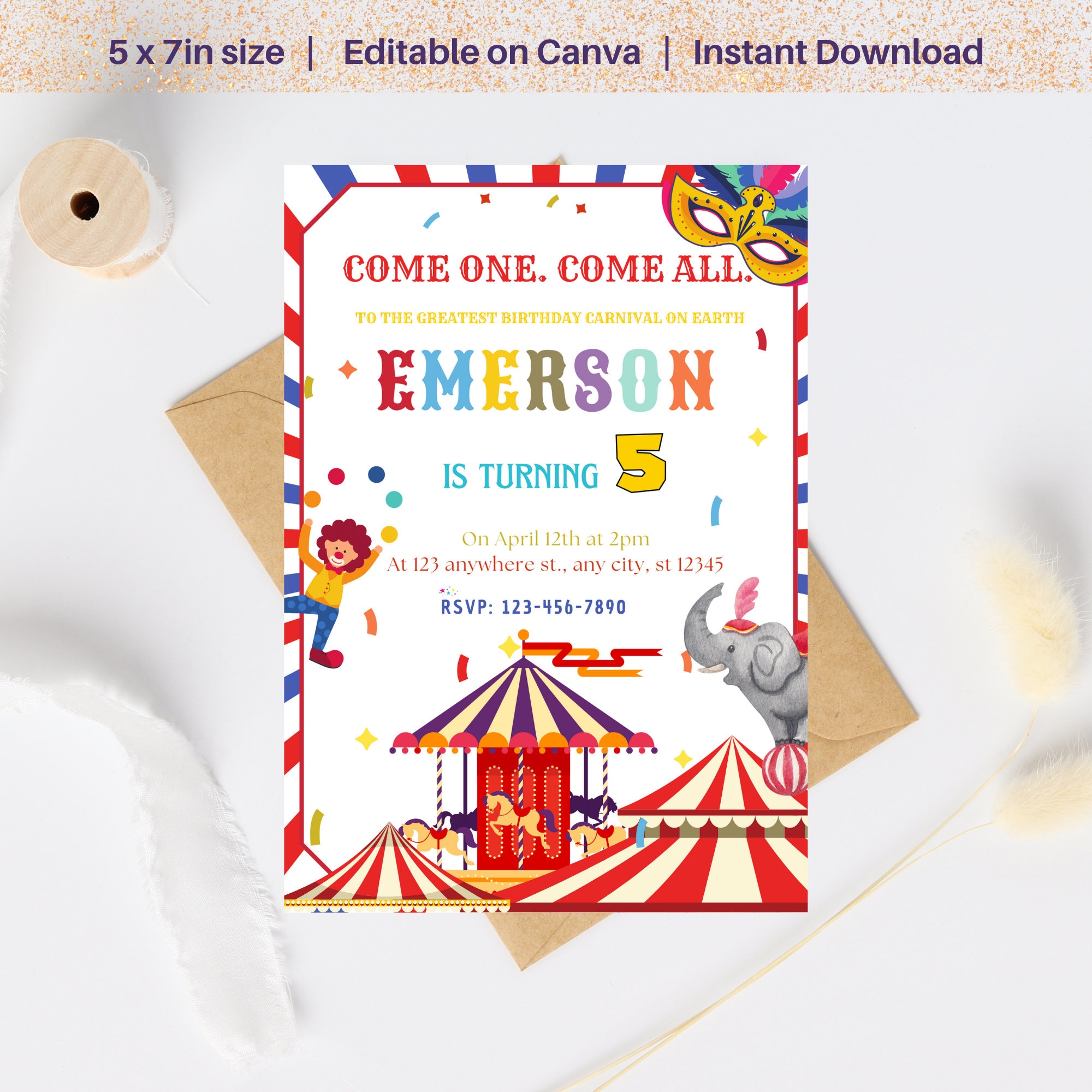 Editable Carnival Birthday Invitation Template, Circus Birthday Invitation, Carnival Invitation ...