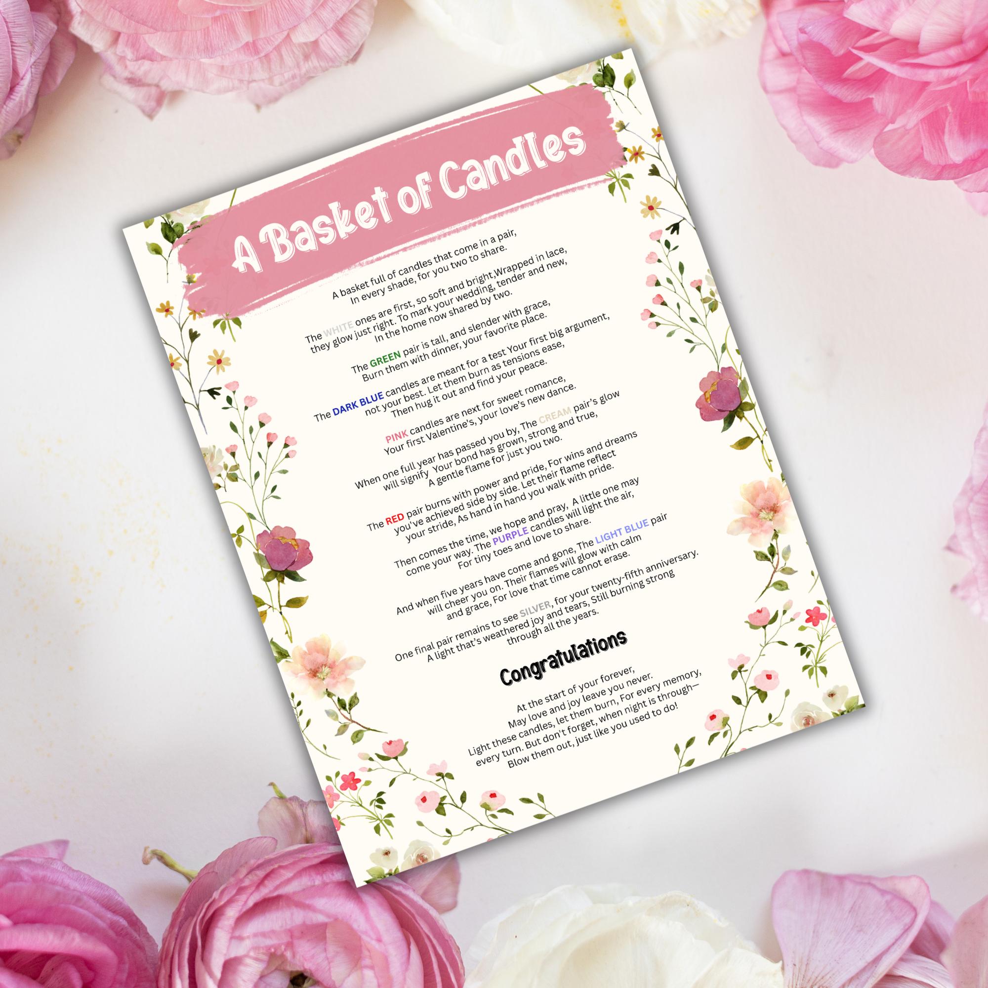 A Basket of Candles Poem | Wedding Gift Poem Printable | Bridal Shower ...