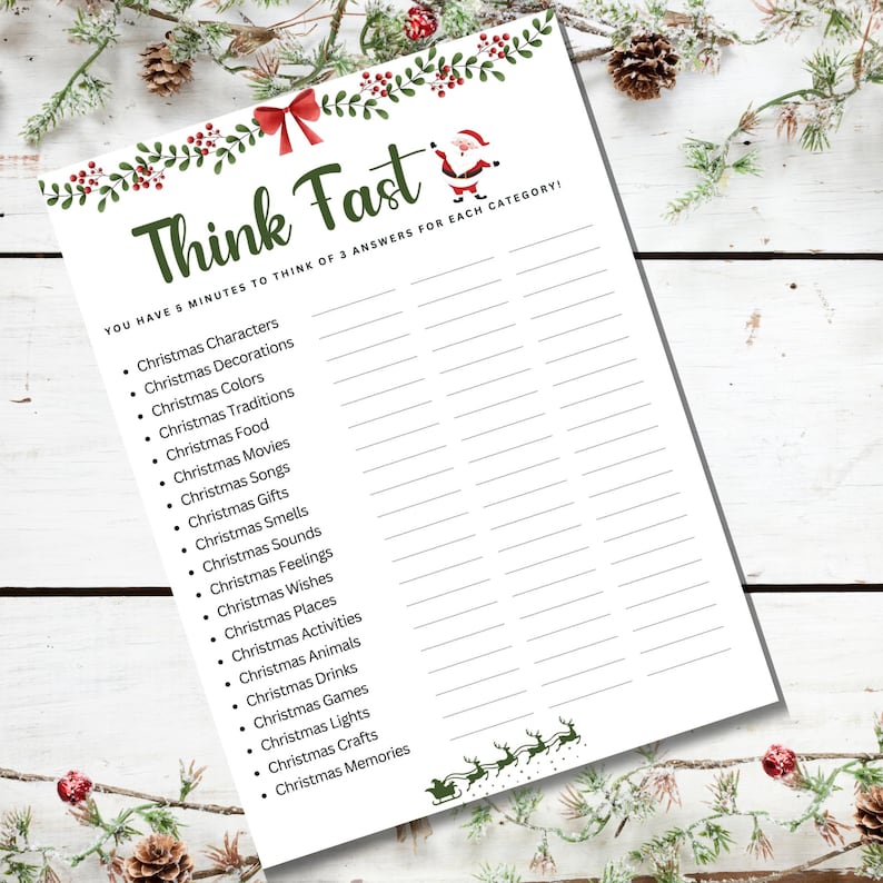 Printable Christmas Think Fast Game, Fun Christmas Game, Christmas ...