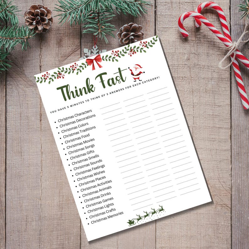 Printable Christmas Think Fast Game, Fun Christmas Game, Christmas ...