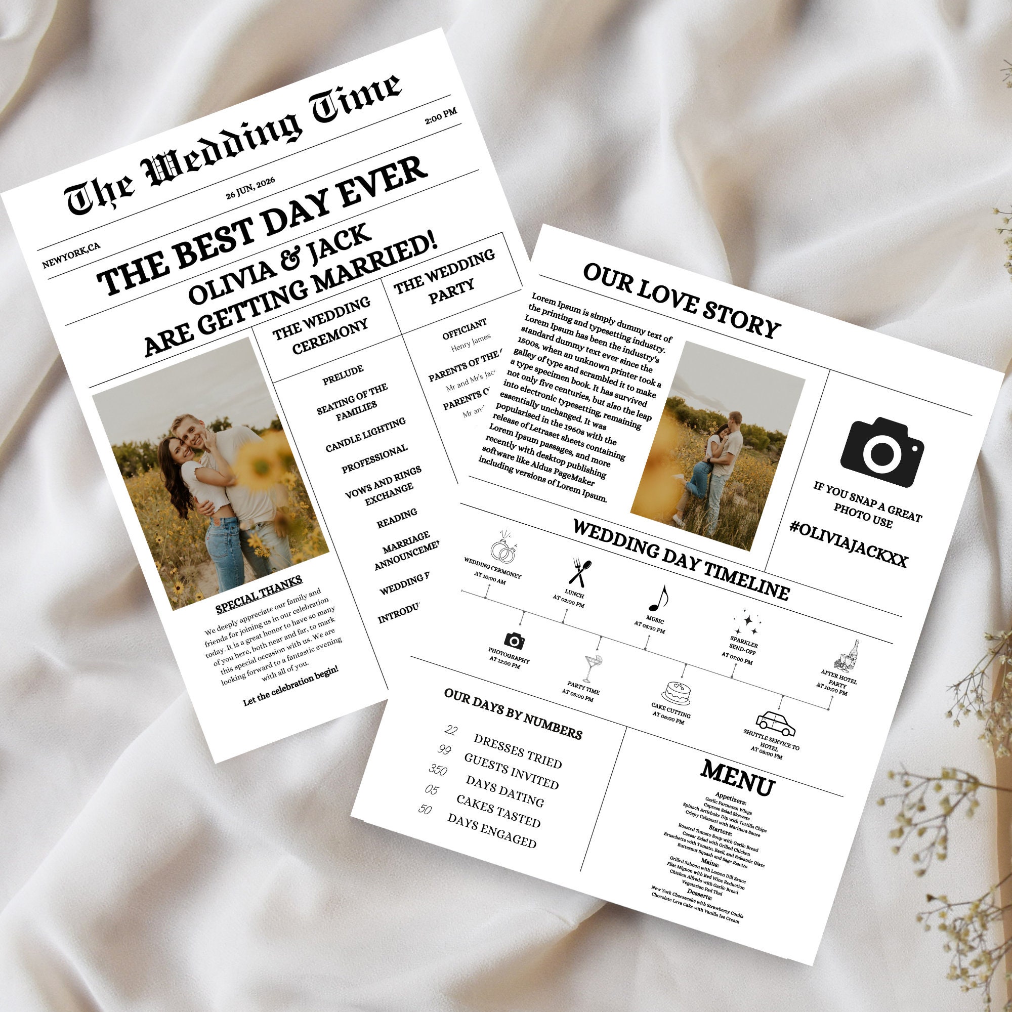 Newspaper Wedding Program With Timeline, Editable Wedding Newspaper ...