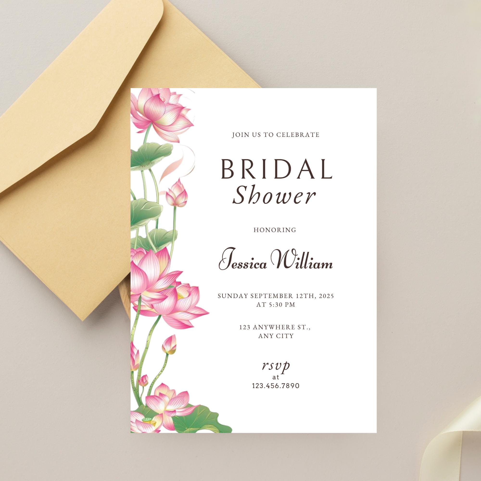 Lotus Flower Wedding Shower Invitation, Thai Pink Lotus Flower Bridal ...