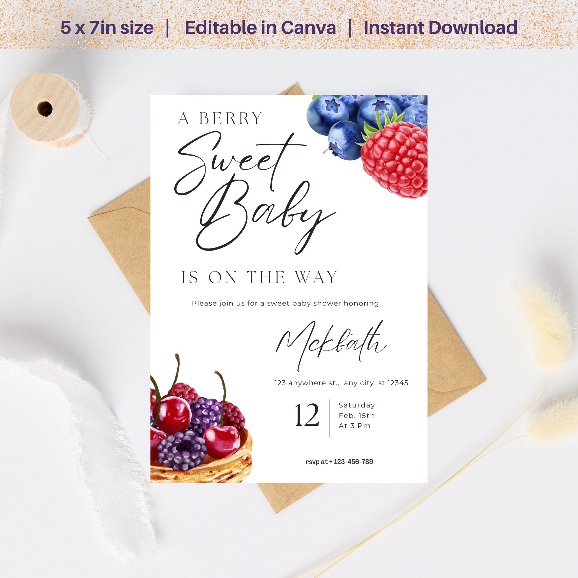 Editable Berry Sweet Baby Shower Invitation Blush Berry Sweet Invite ...