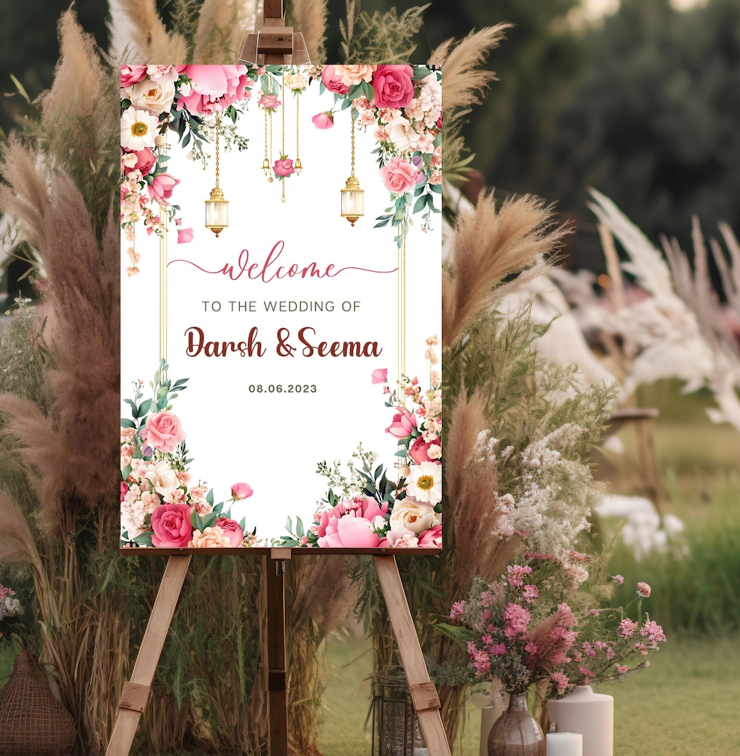 Indian Wedding Welcome Sign Template, Indian Wedding Decor, Pink Floral ...