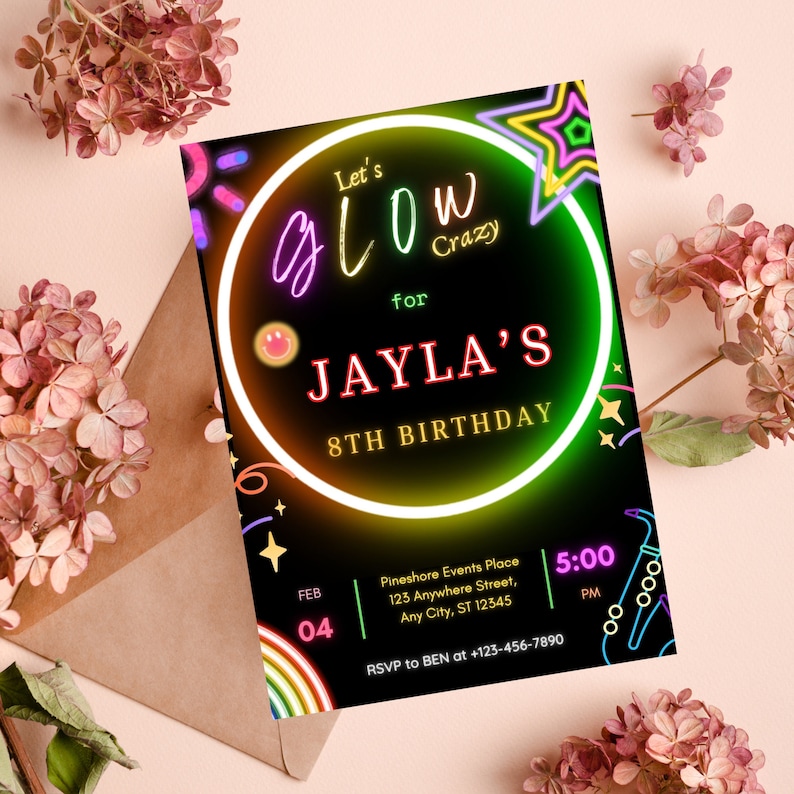 Neon Birthday Invitation Glow Birthday Invitation 8th Birthday ...
