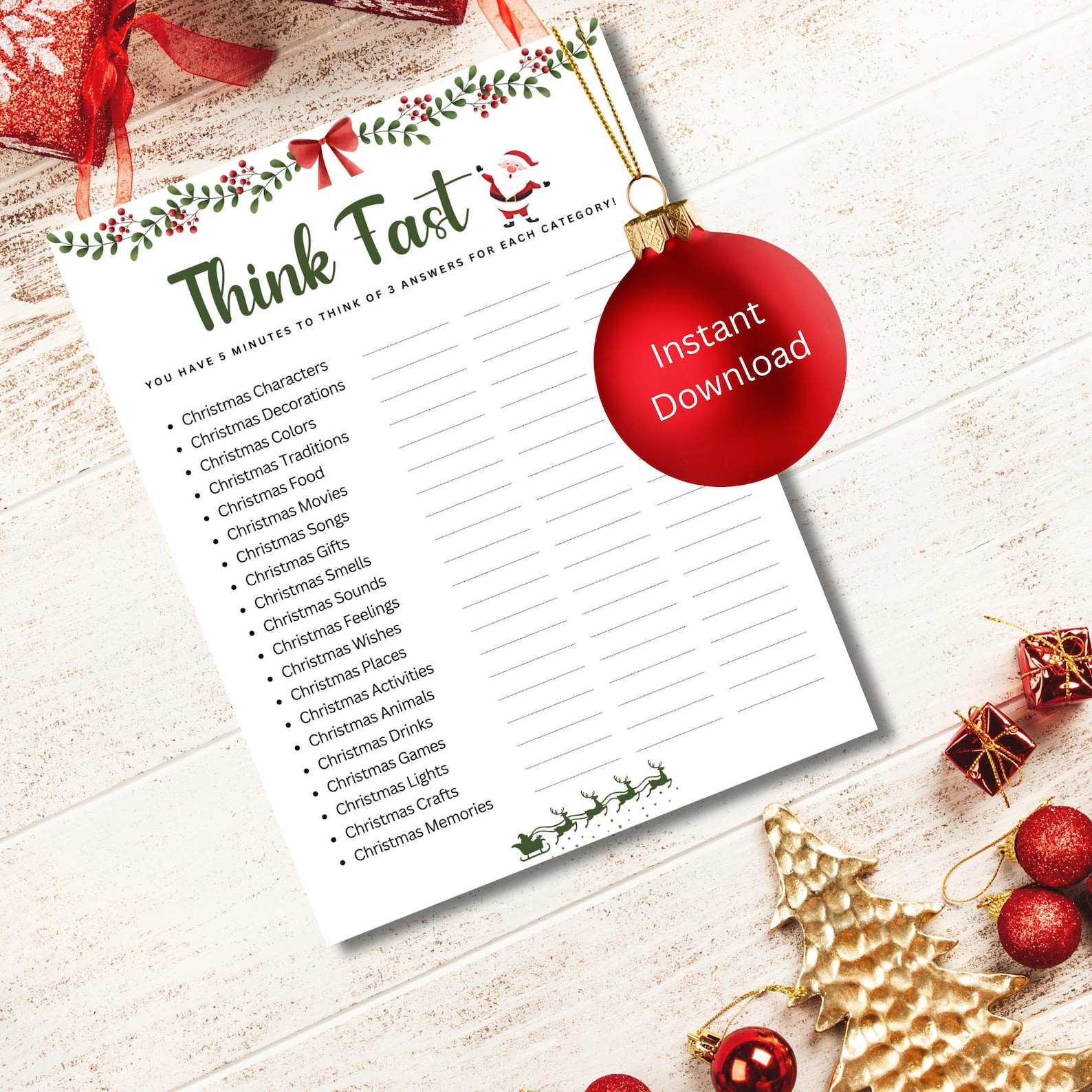 Printable Christmas Think Fast Game, Fun Christmas Game, Christmas ...