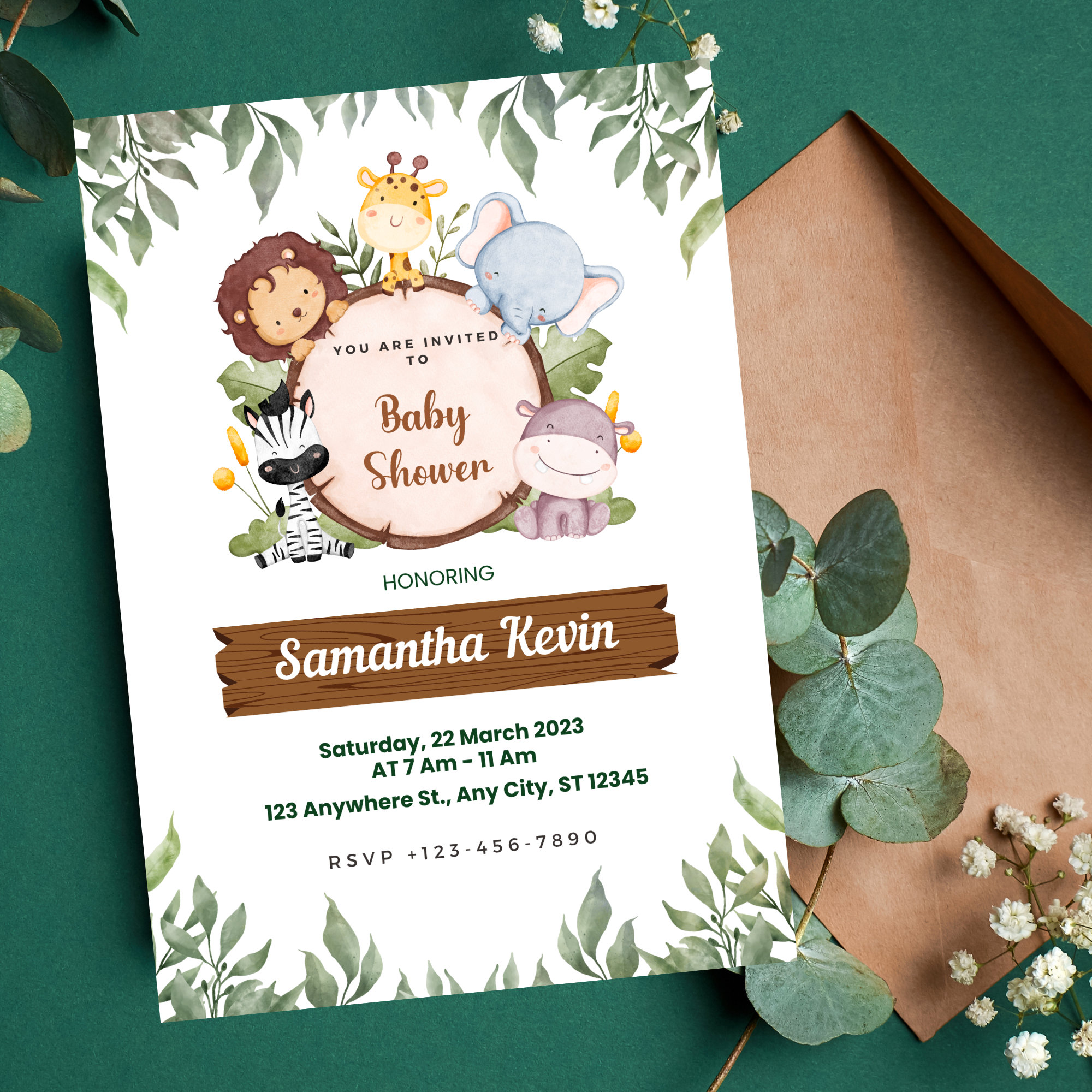 Safari Animal Baby Shower Invitation Greenery . Wild One Invite, Jungle ...
