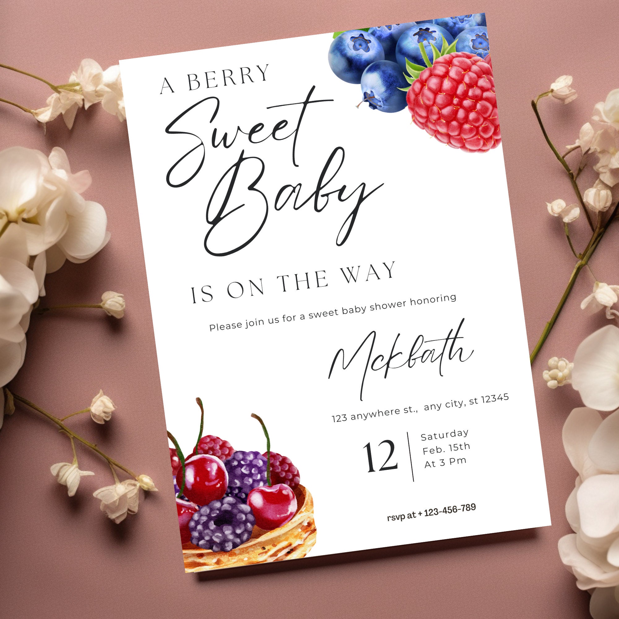 Editable Berry Sweet Baby Shower Invitation | Blush Berry Girl Baby ...