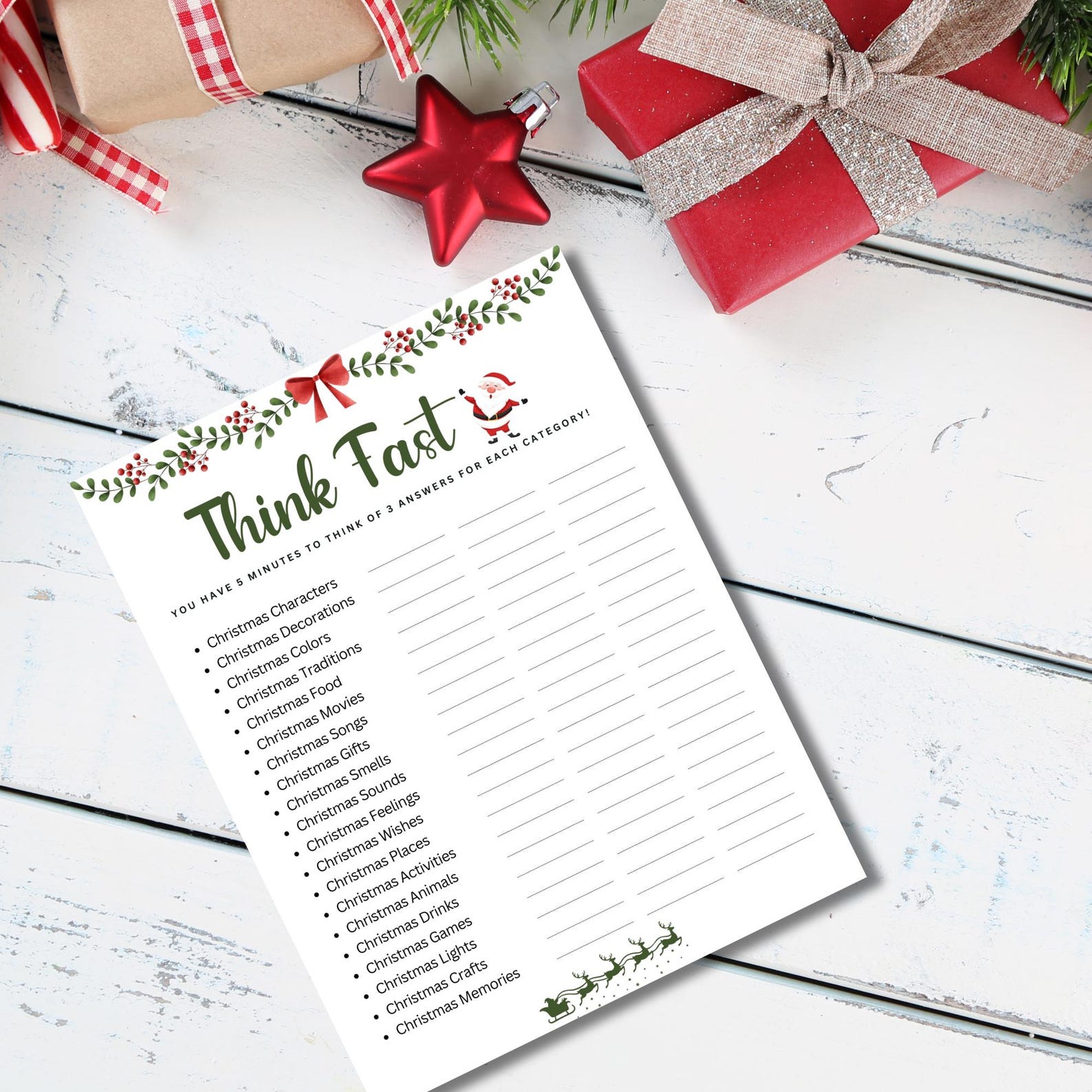 Printable Christmas Think Fast Game, Fun Christmas Game, Christmas ...