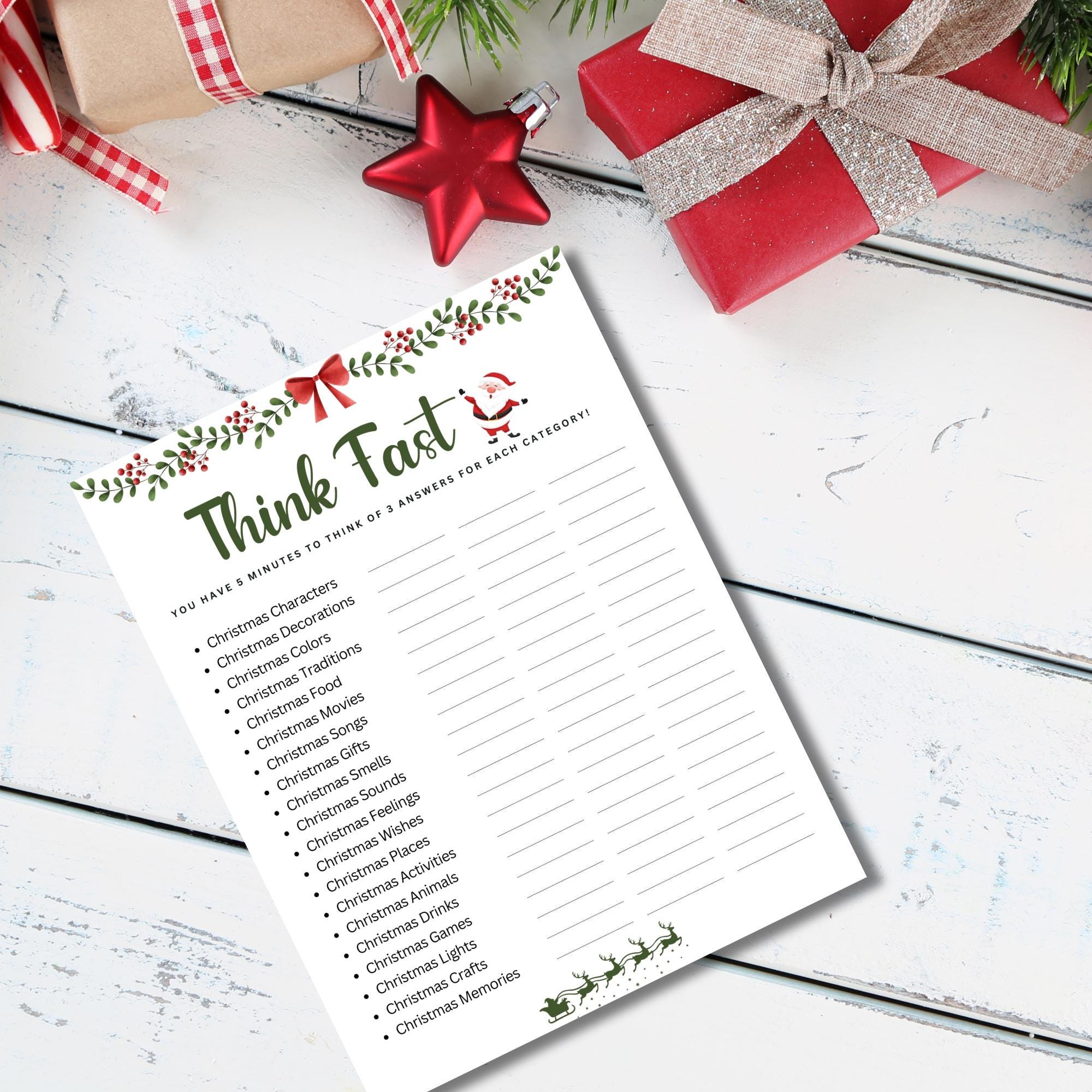 Printable Christmas Think Fast Game, Fun Christmas Game, Christmas ...