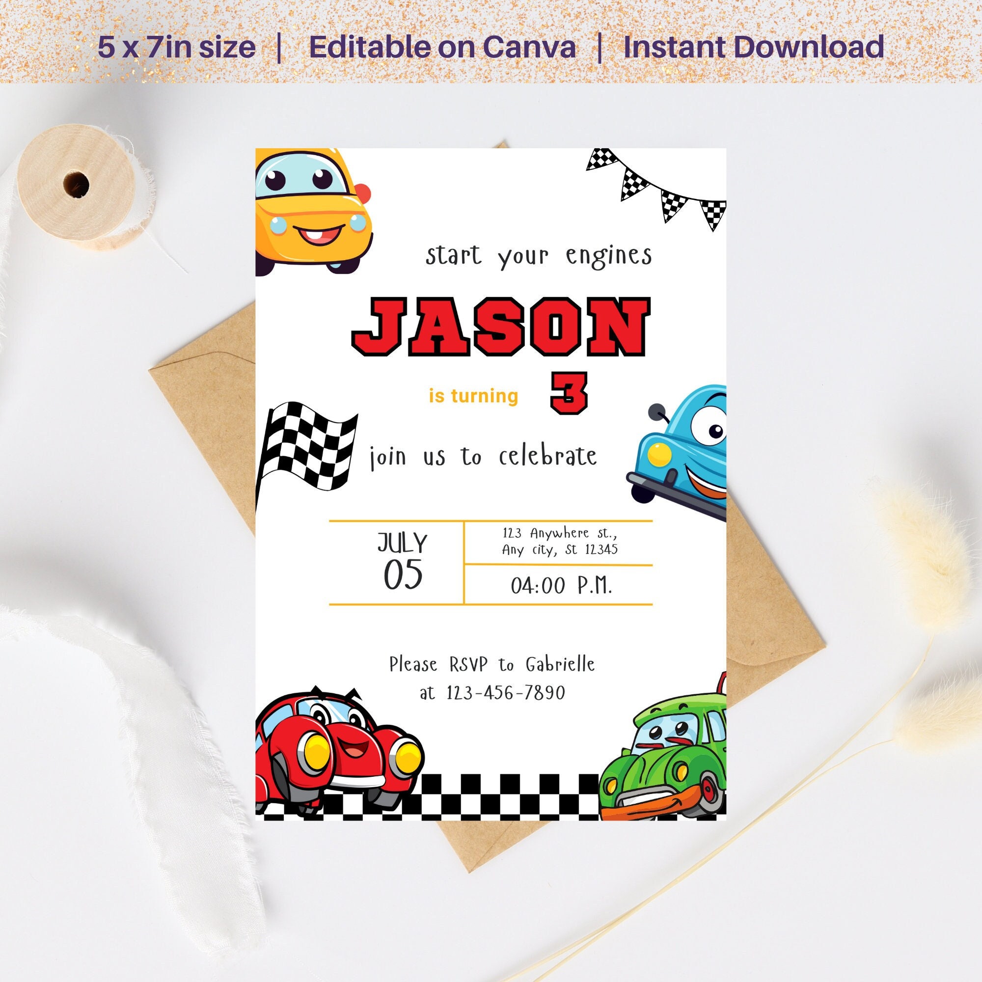 Cars Birthday Invitation, Editable Kids Party Invite Printable, Boys ...