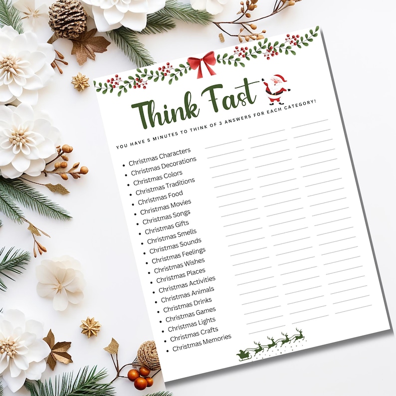 Printable Christmas Think Fast Game, Fun Christmas Game, Christmas ...