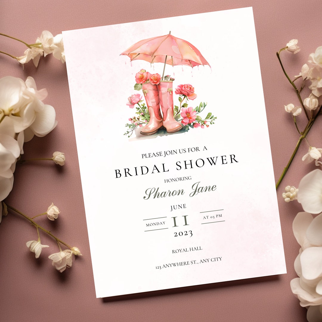 Blush Pink Umbrella Bridal Shower Invite Template, Wildflower Bridal ...