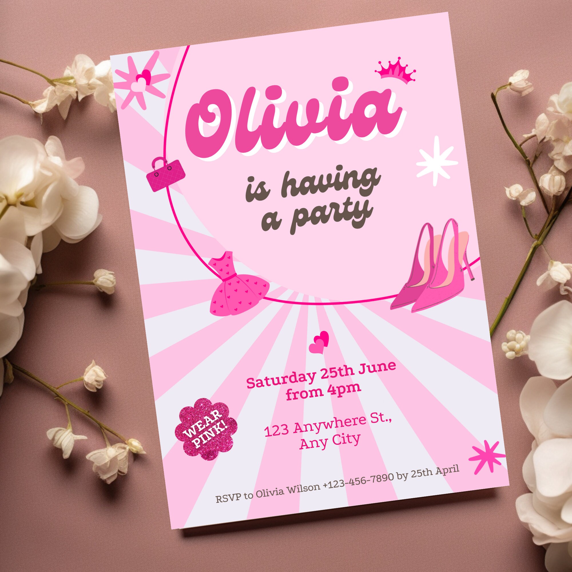 Pink Sparkle Birthday Invitation, Doll Invitation Template, Princess ...