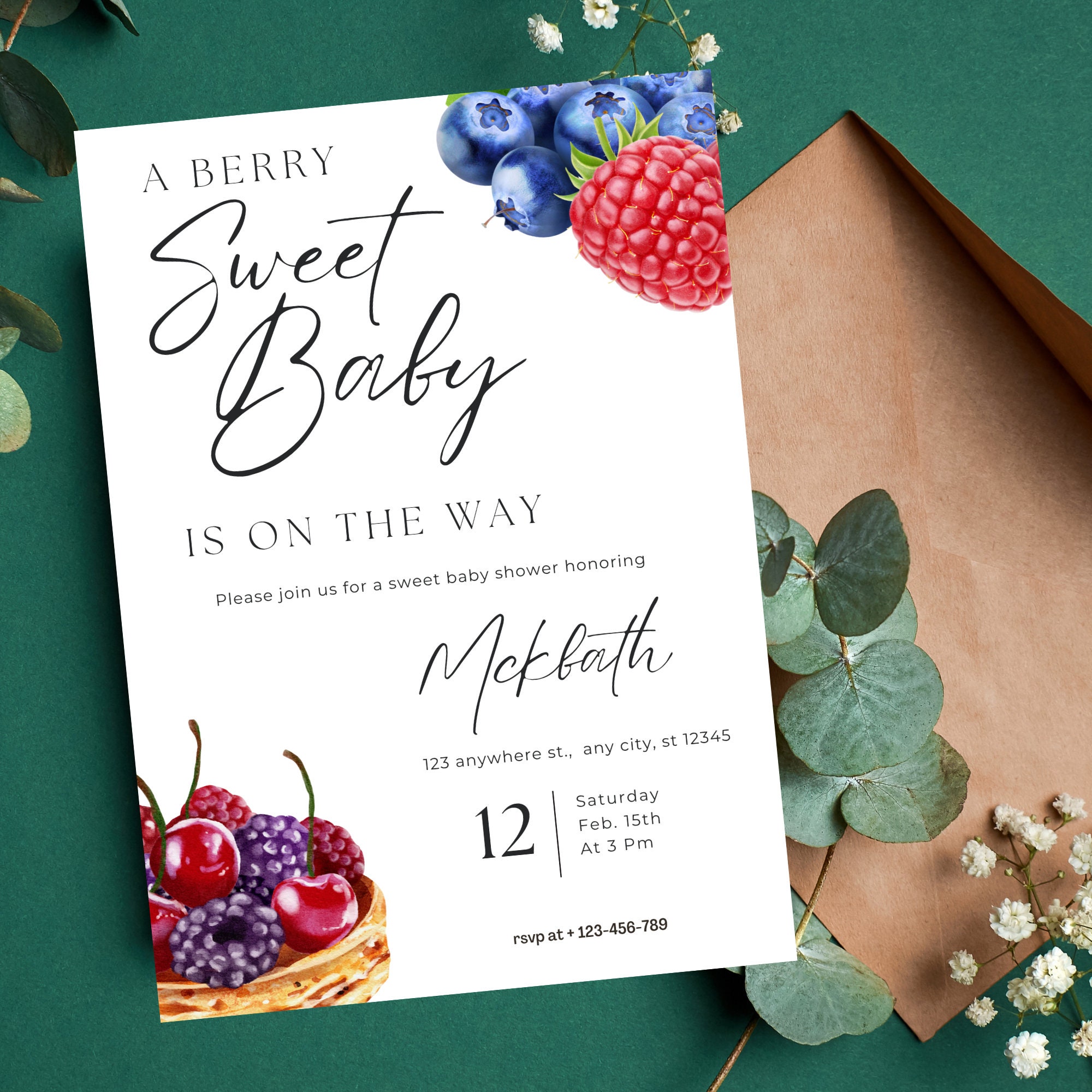 Editable Berry Sweet Baby Shower Invitation Blush Berry Sweet Invite Berry Sweet Baby Shower ...