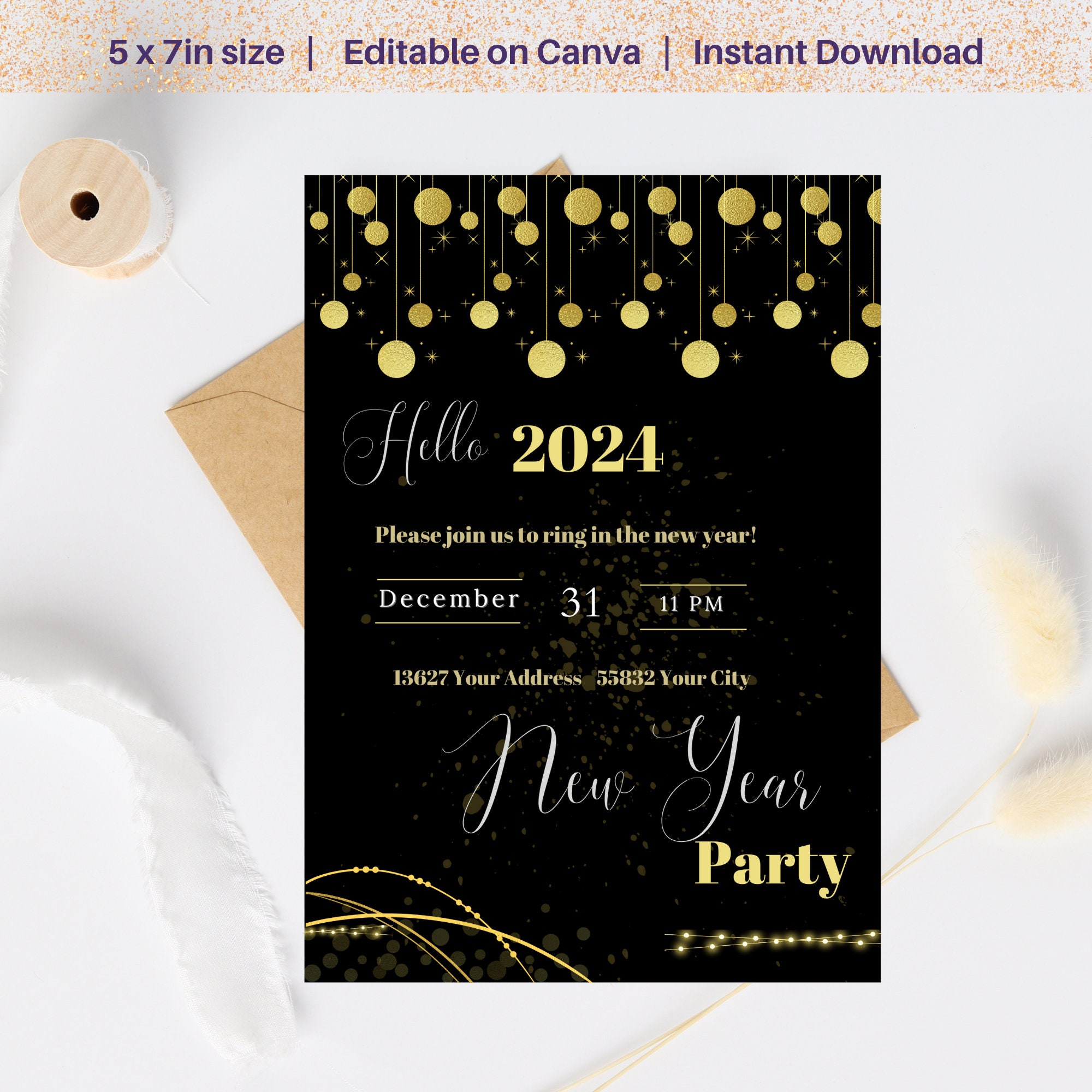 New Year Party Invitation Template, Editable New Year Celebration 2024 ...