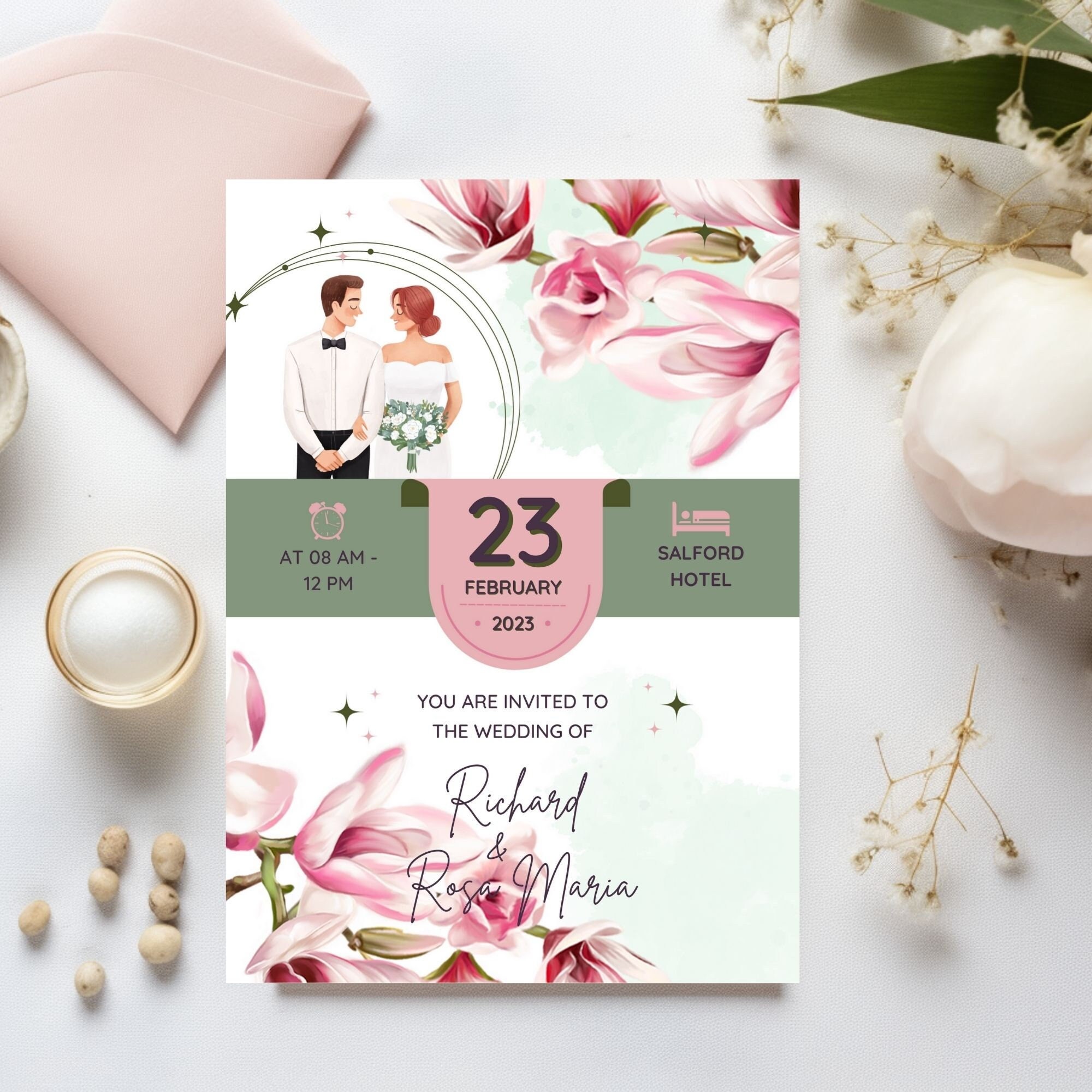 Editable Southern Wedding Invitation Template Magnolia Pink Vintage ...