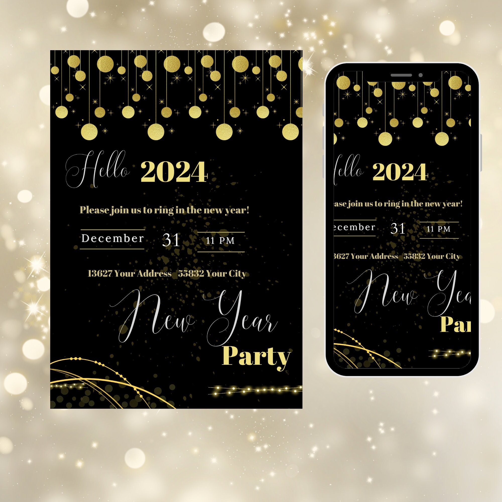 New Year Party Invitation Template, Editable New Year Celebration 2024 ...