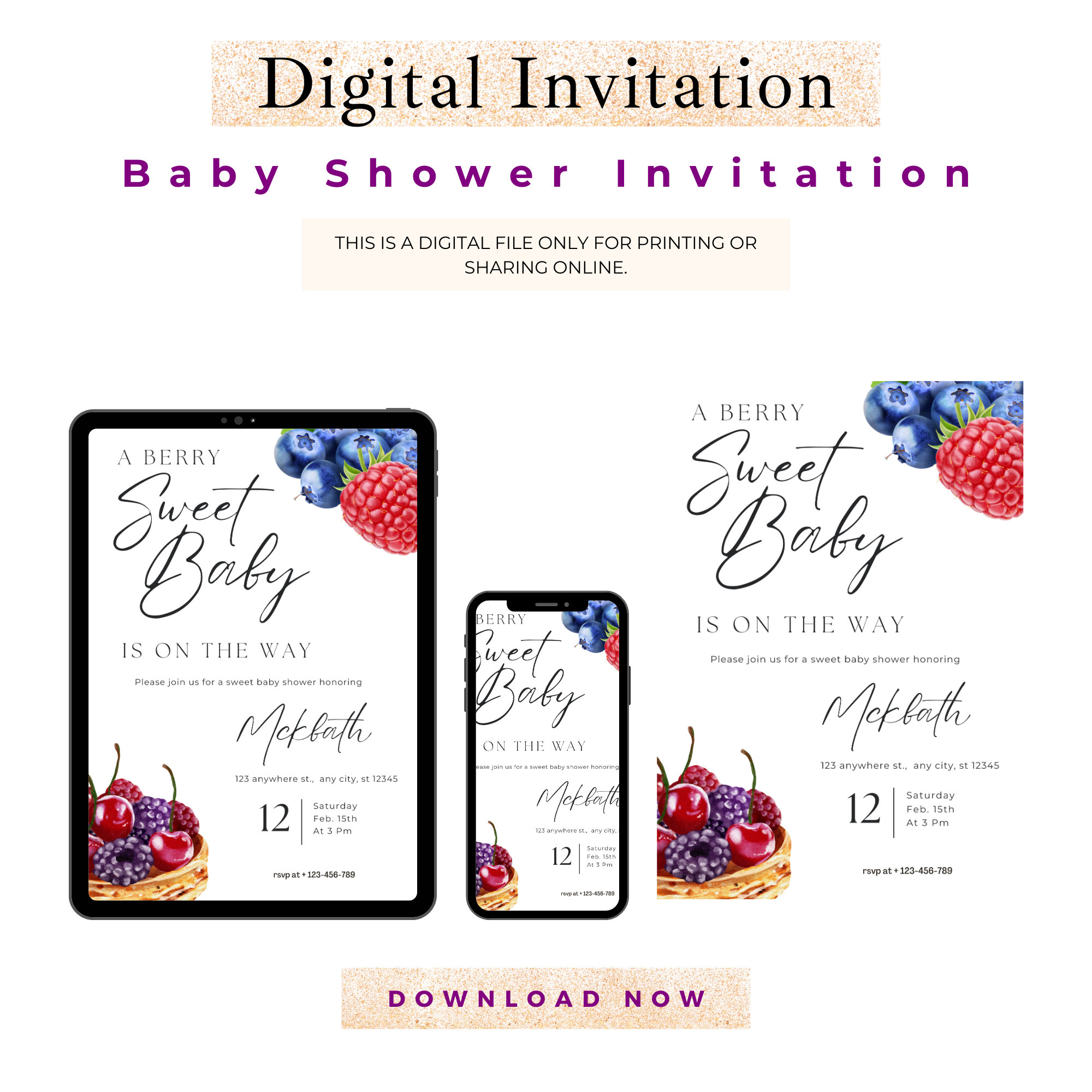 Editable Berry Sweet Baby Shower Invitation Blush Berry Sweet Invite ...