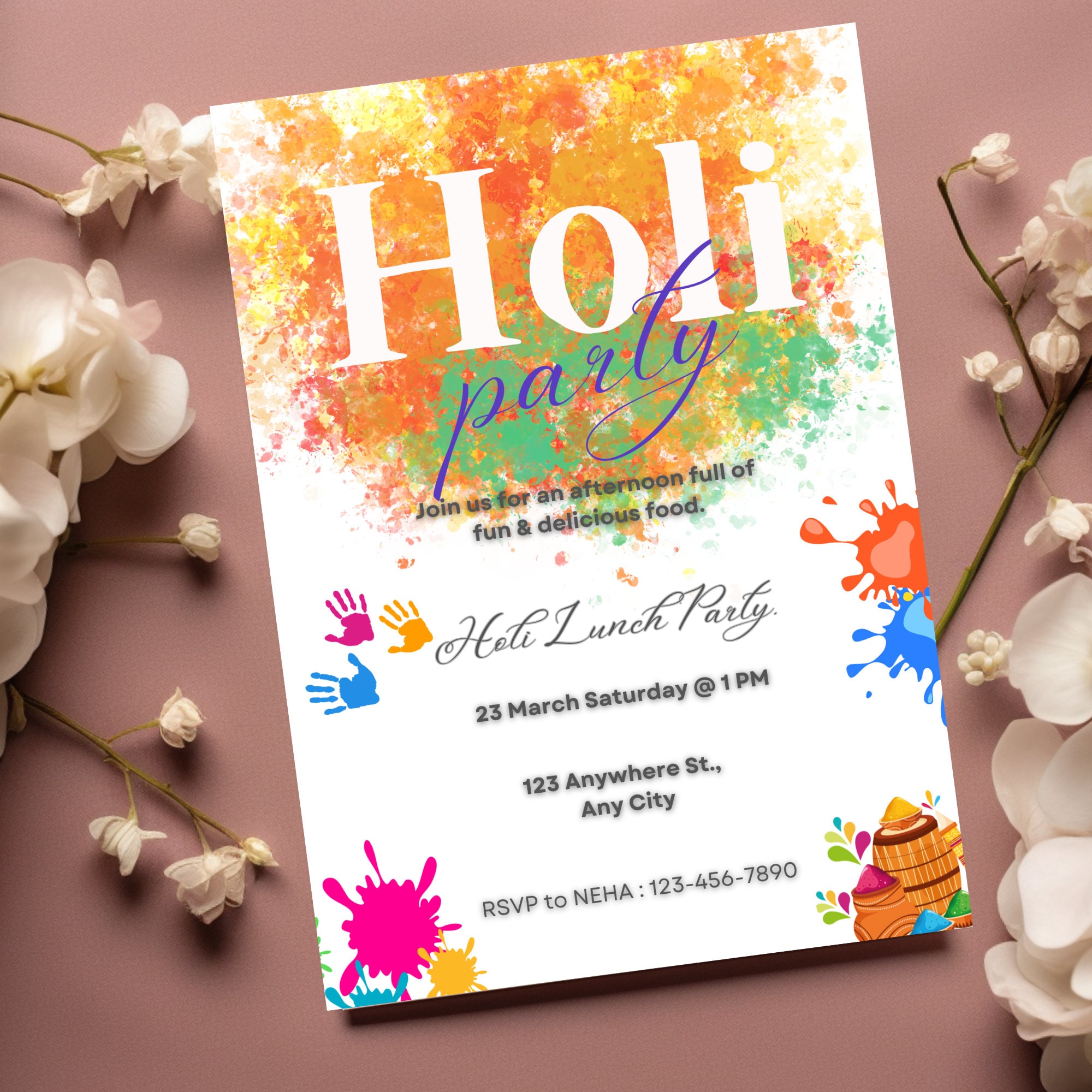 Editable Holi Invitation, Holi Festival Invites, Printable Holi ...