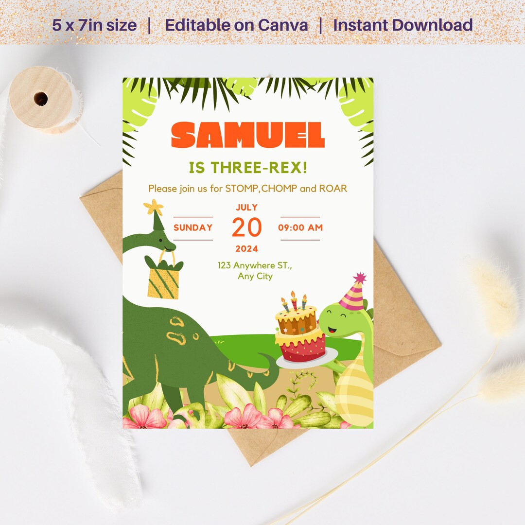 Editable Dinosaur Birthday Party Invitation Template, Dinosaur Birthday ...