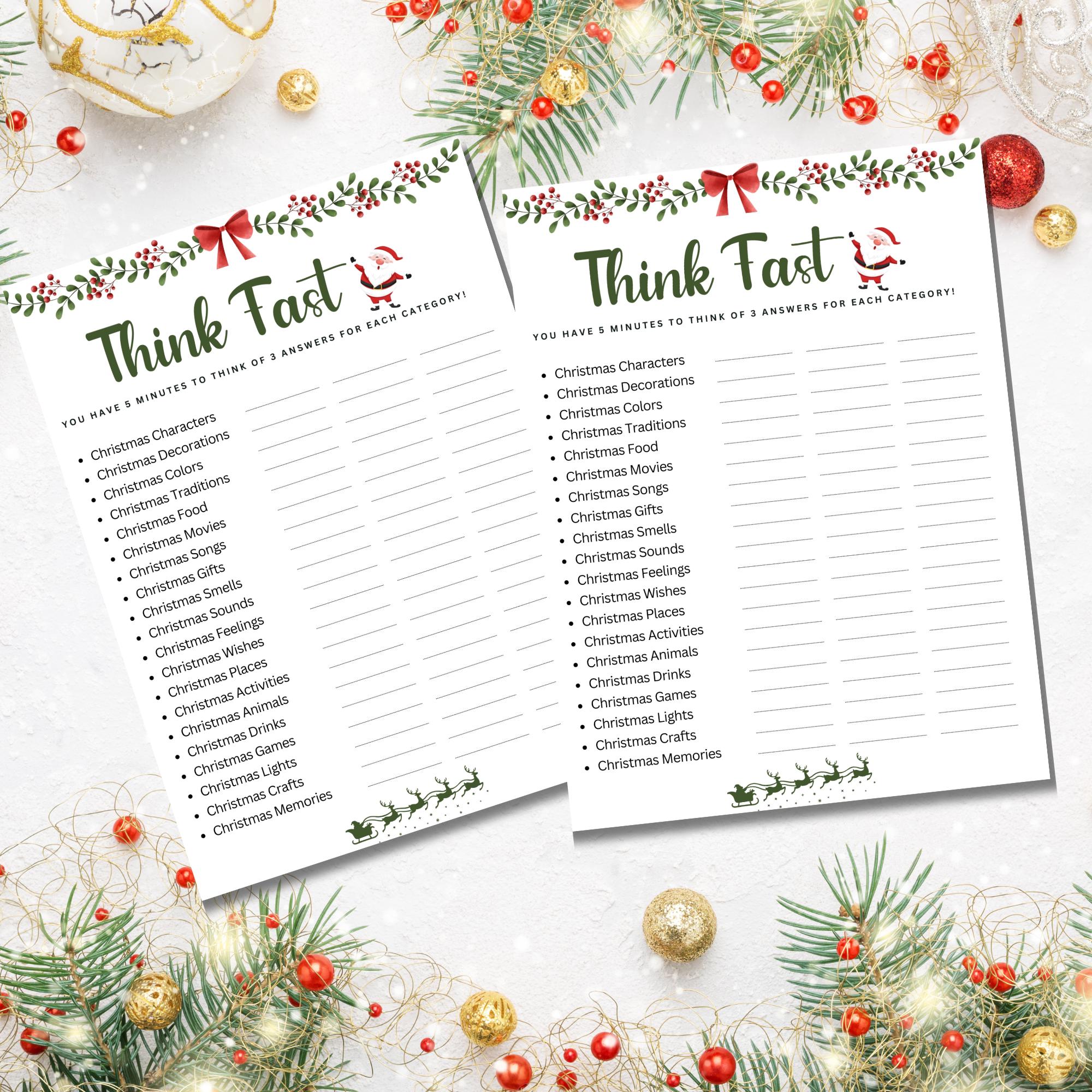Printable Christmas Think Fast Game, Fun Christmas Game, Christmas ...