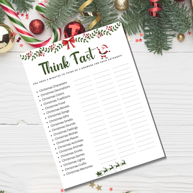 Printable Christmas Think Fast Game, Fun Christmas Game, Christmas ...