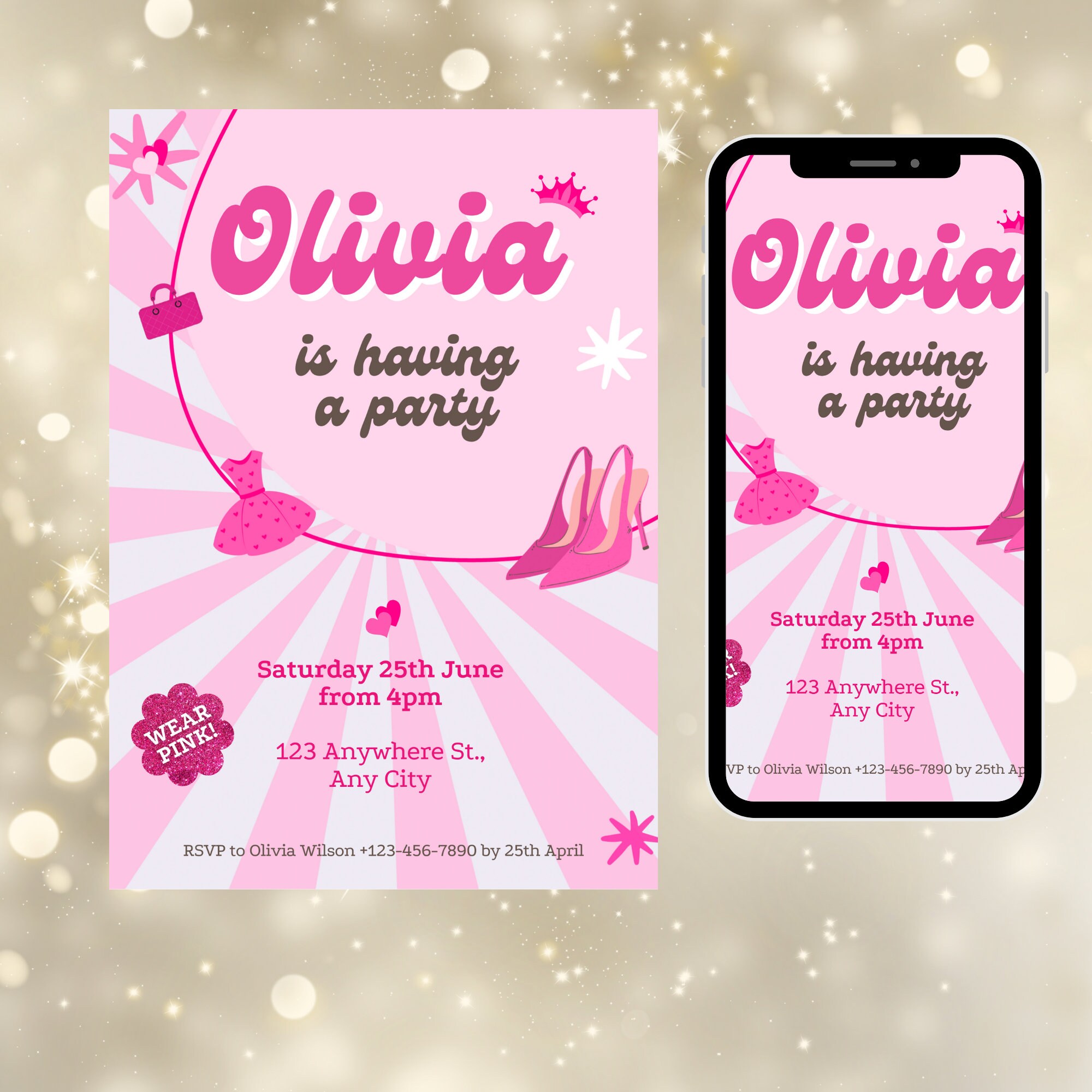 Pink Sparkle Birthday Invitation, Doll Invitation Template, Princess ...