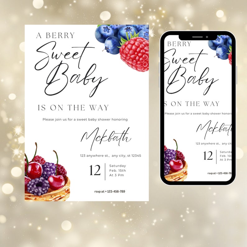 Editable Berry Sweet Baby Shower Invitation Blush Berry Sweet Invite ...