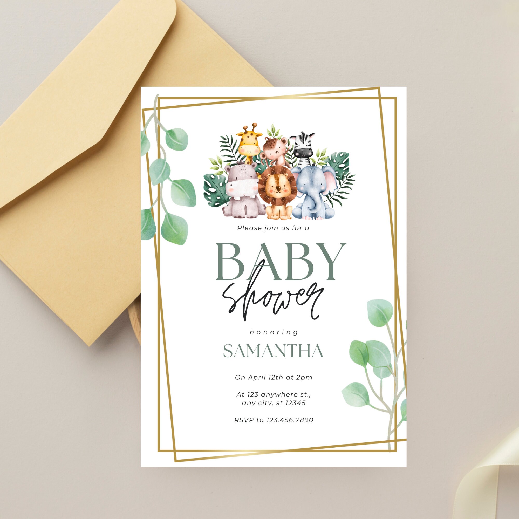 Safari Animal Baby Shower Invitation Greenery . Wild One Invite, Jungle ...