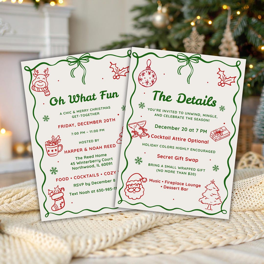 Oh What Fun Christmas Party Invitation, Whimsical Hand Drawn Holiday ...