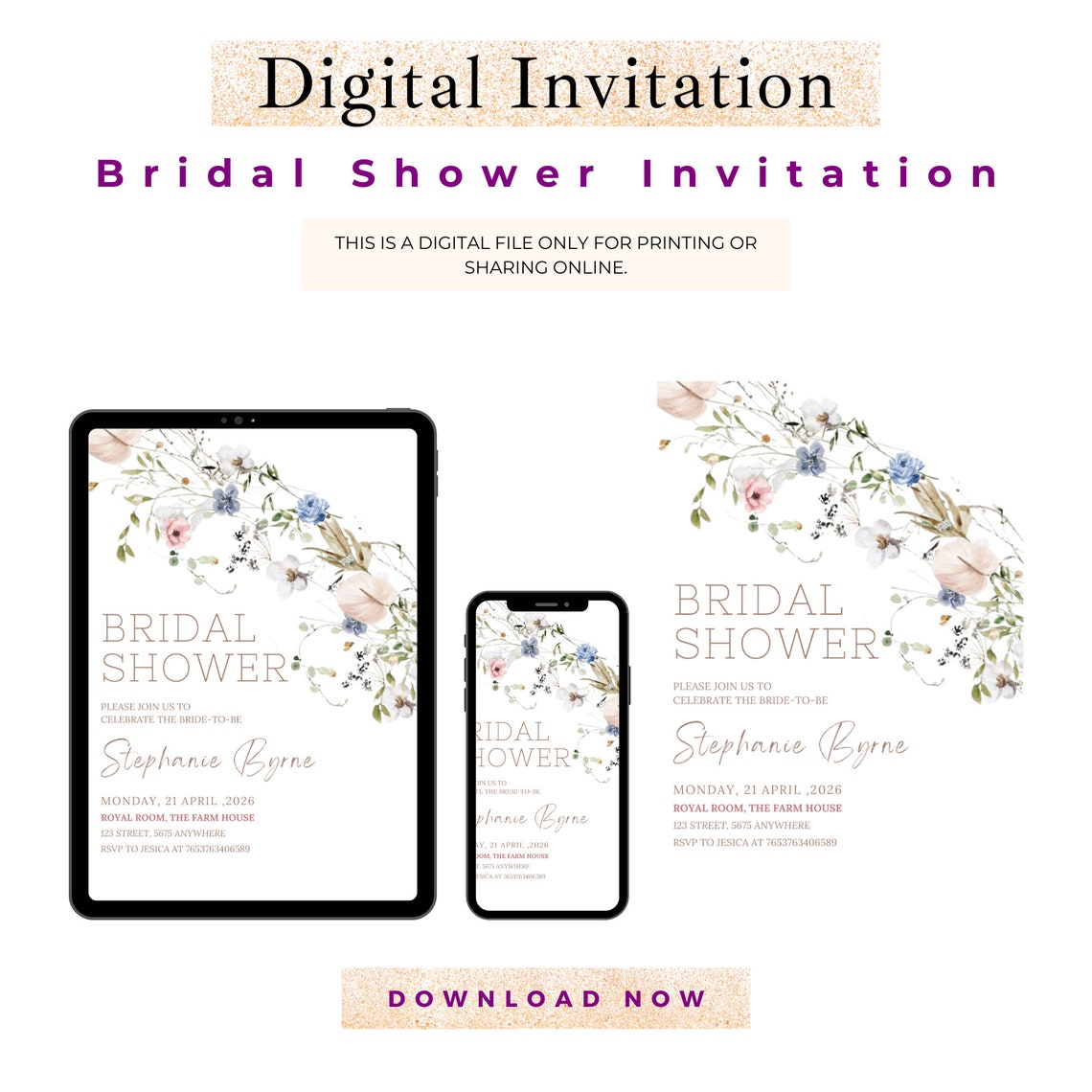 Editable Wildflower Wedding Invitation Template Printable Boho ...