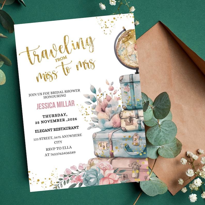 Traveling From Miss to Mrs Bridal Shower Invitation Travel Bridal ...